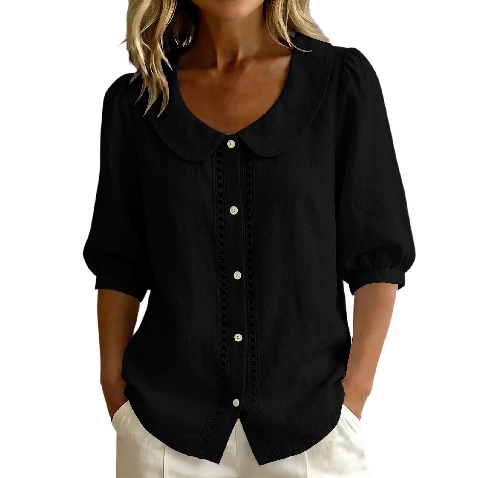 Ankola Women Button Down Shirt 3/4 Puff Sleeve Dressy Casual Blouse ...