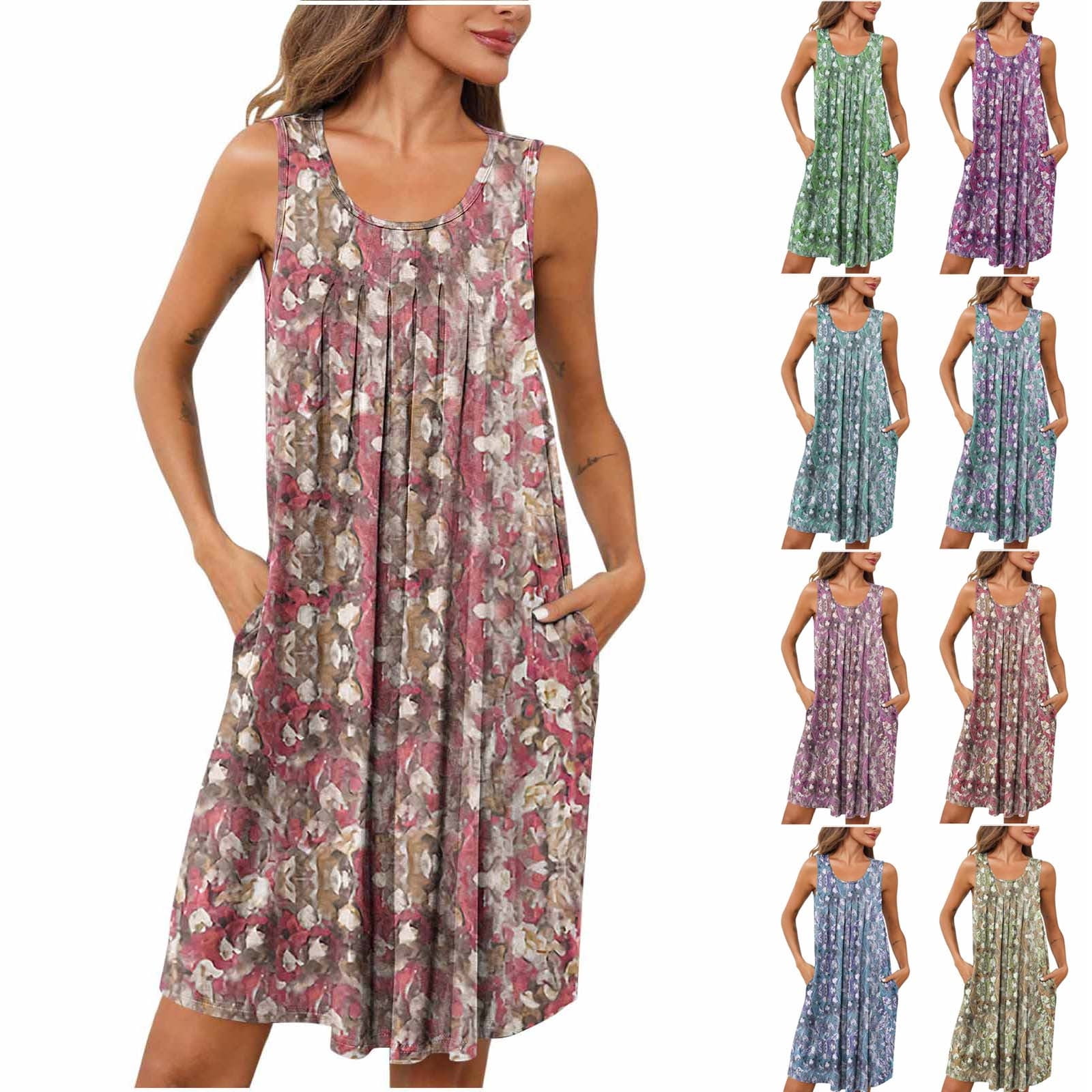 Ankola Women Color Block Geometric Print Nightgown, Sleeveless Pleated ...