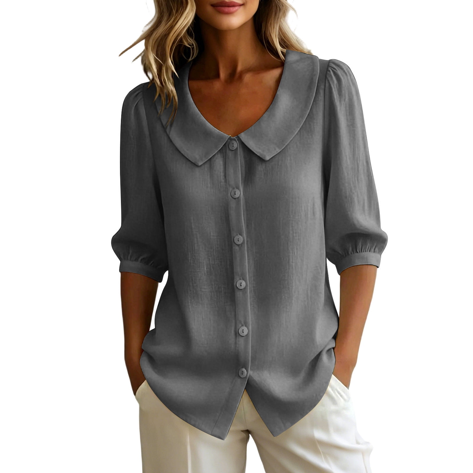 Ankola Women's Button Up Shirt - Peter Pan Collar Short Sleeve Summer ...