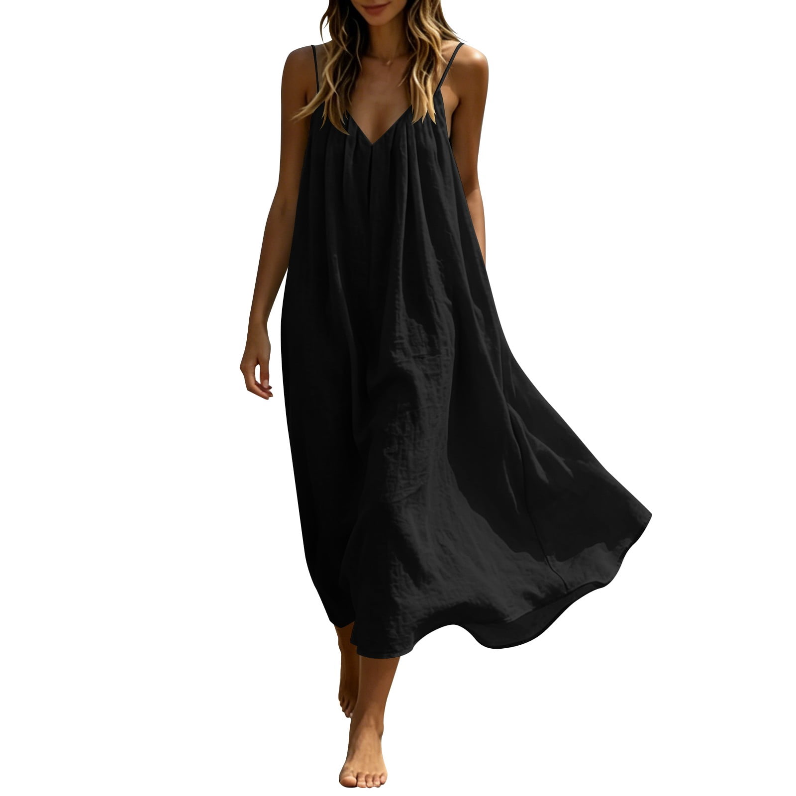 Ankola Women's Cotton Dress Spaghetti Strap V Neck Sleeveless Sundress ...