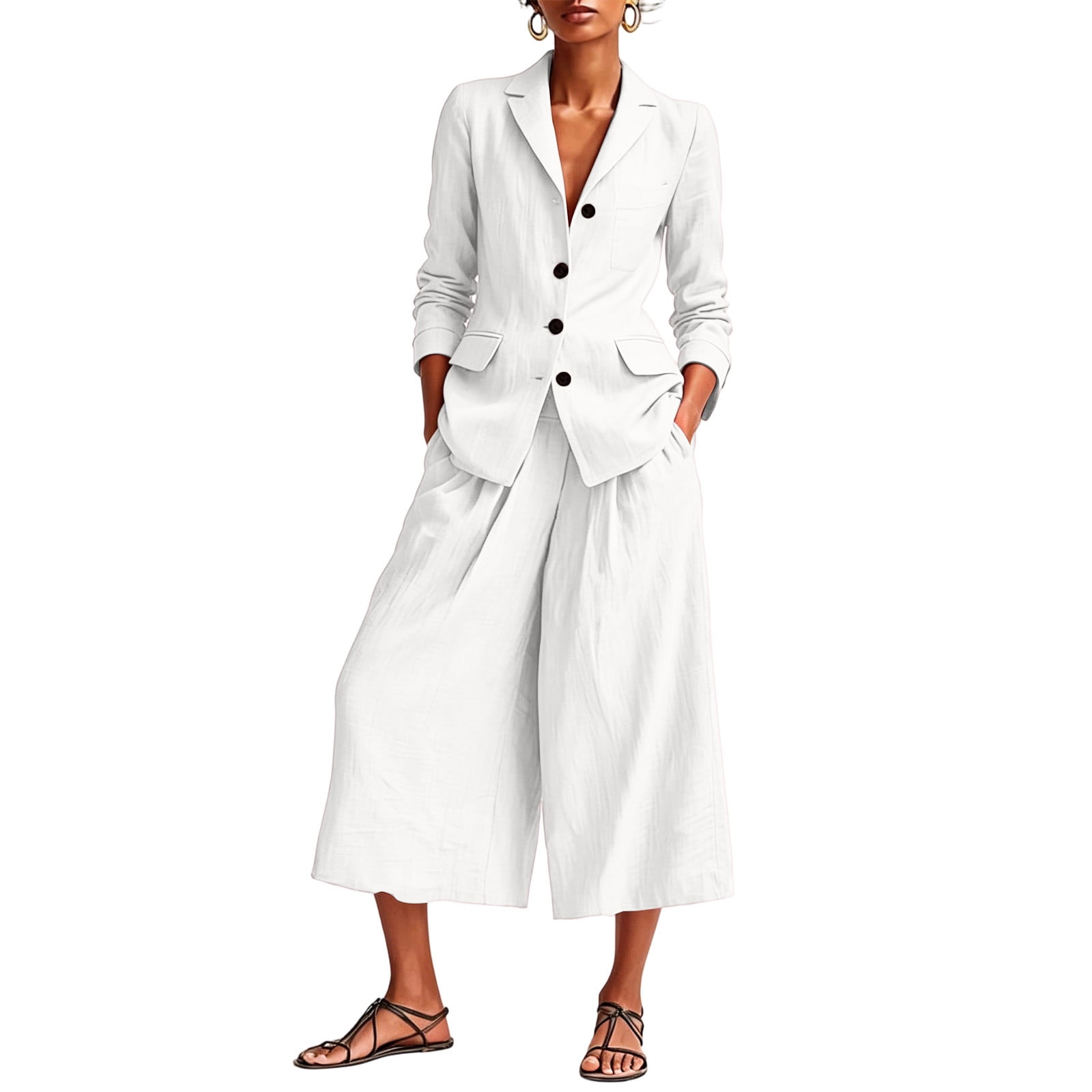 Ankola Women's Linen 2 Piece Outfits Summer Long Sleeve V Neck Shirts ...