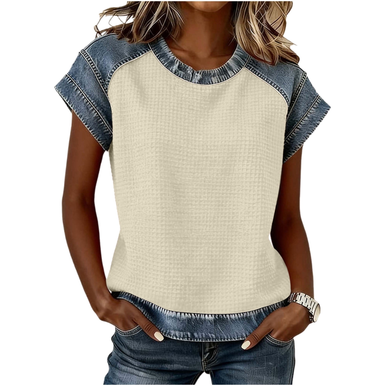 Ankola Women's Short Sleeve Crewneck T-Shirt Color Block Tunic Tshirt ...