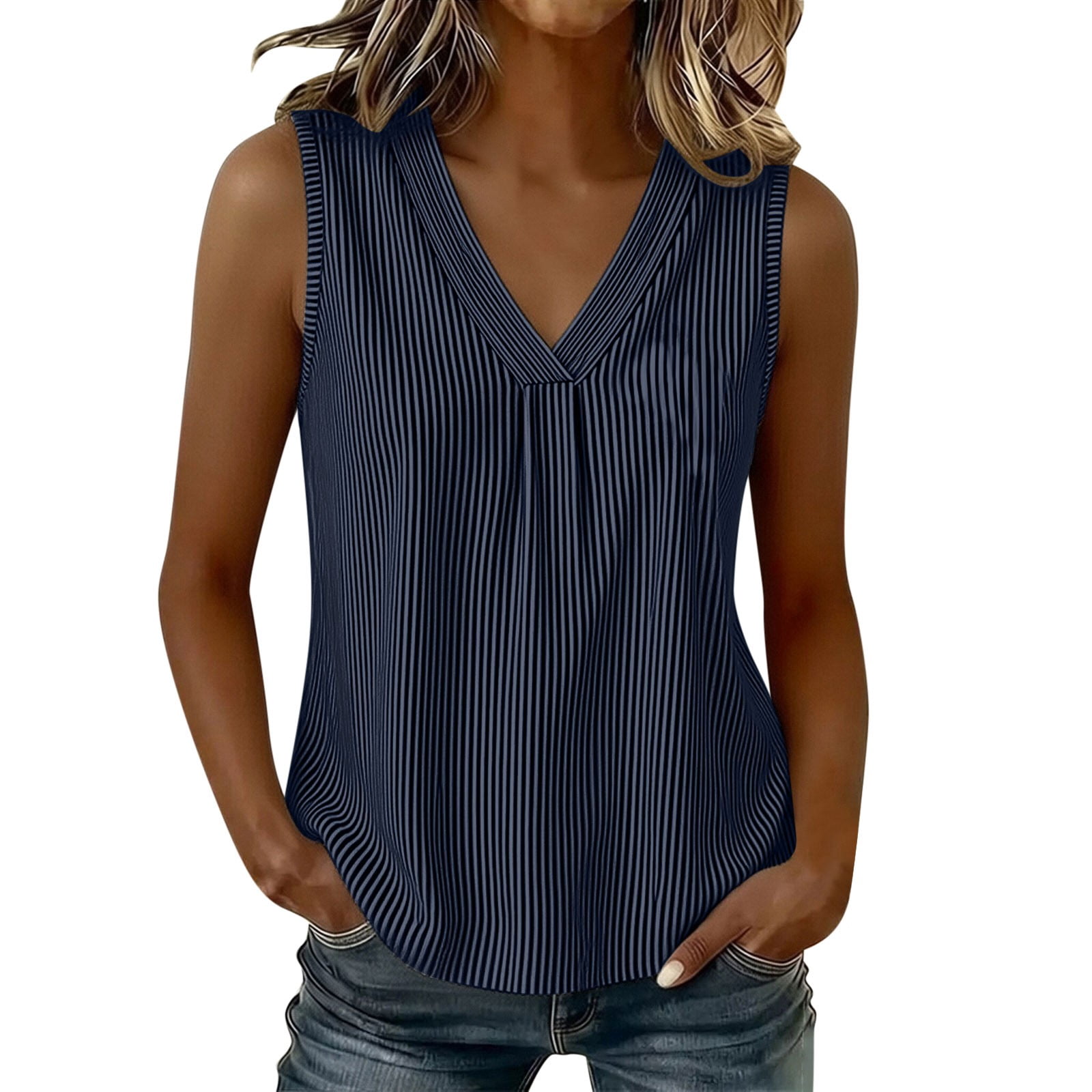 Ankola Women's Striped Print Tank Top V Neck Sleeveless Casual Basic ...