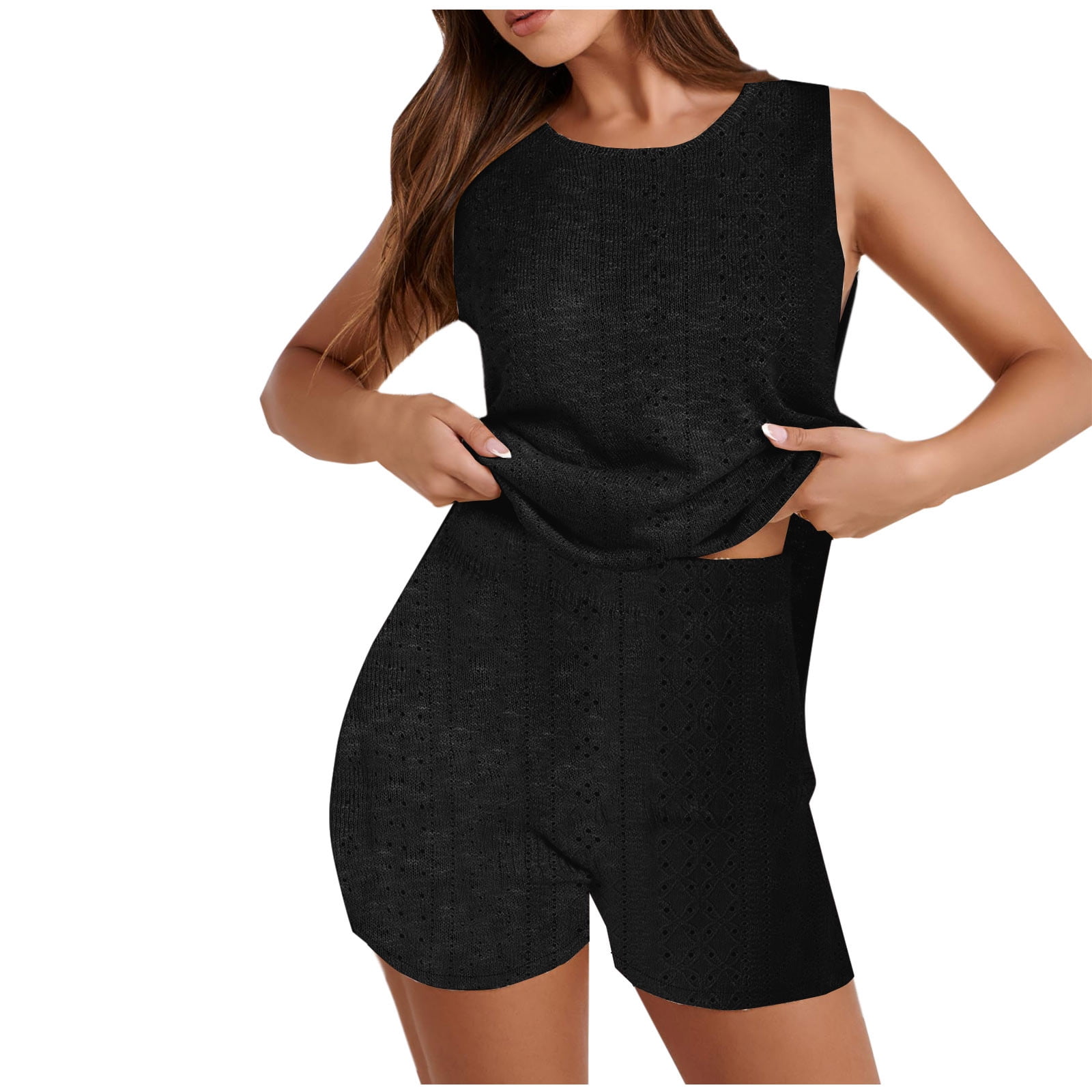 Ankola Womens 2 Piece Outfits Summer Eyelet Hollow Knit Tank Top ...