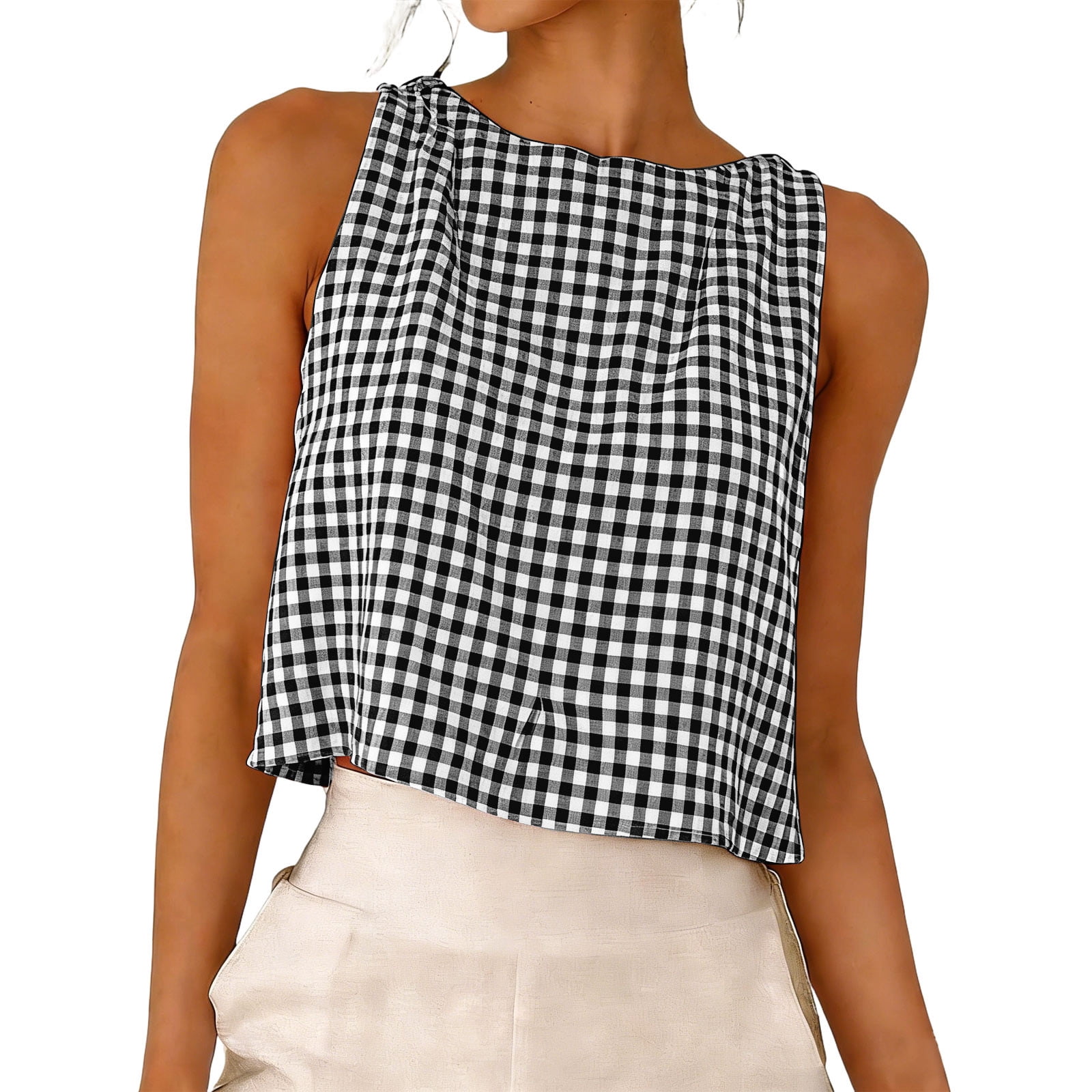 Ankola Womens Gingham Top Summer CropTank Tops Button Back Casual ...