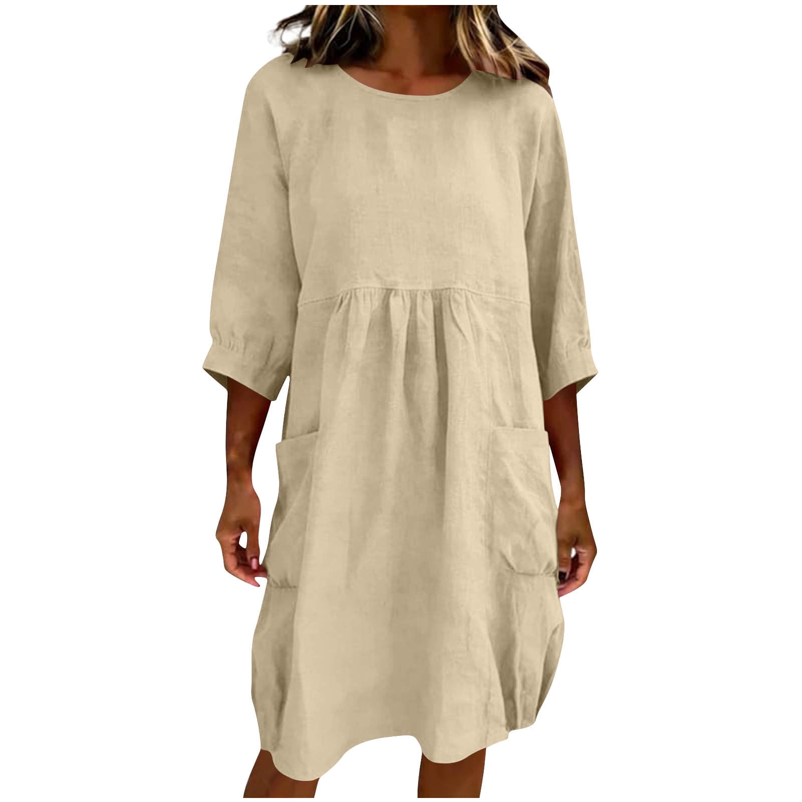 Ankola Womens Linen Cotton Midi Dresses Solid 3/4 Sleeves Maxi Casual ...