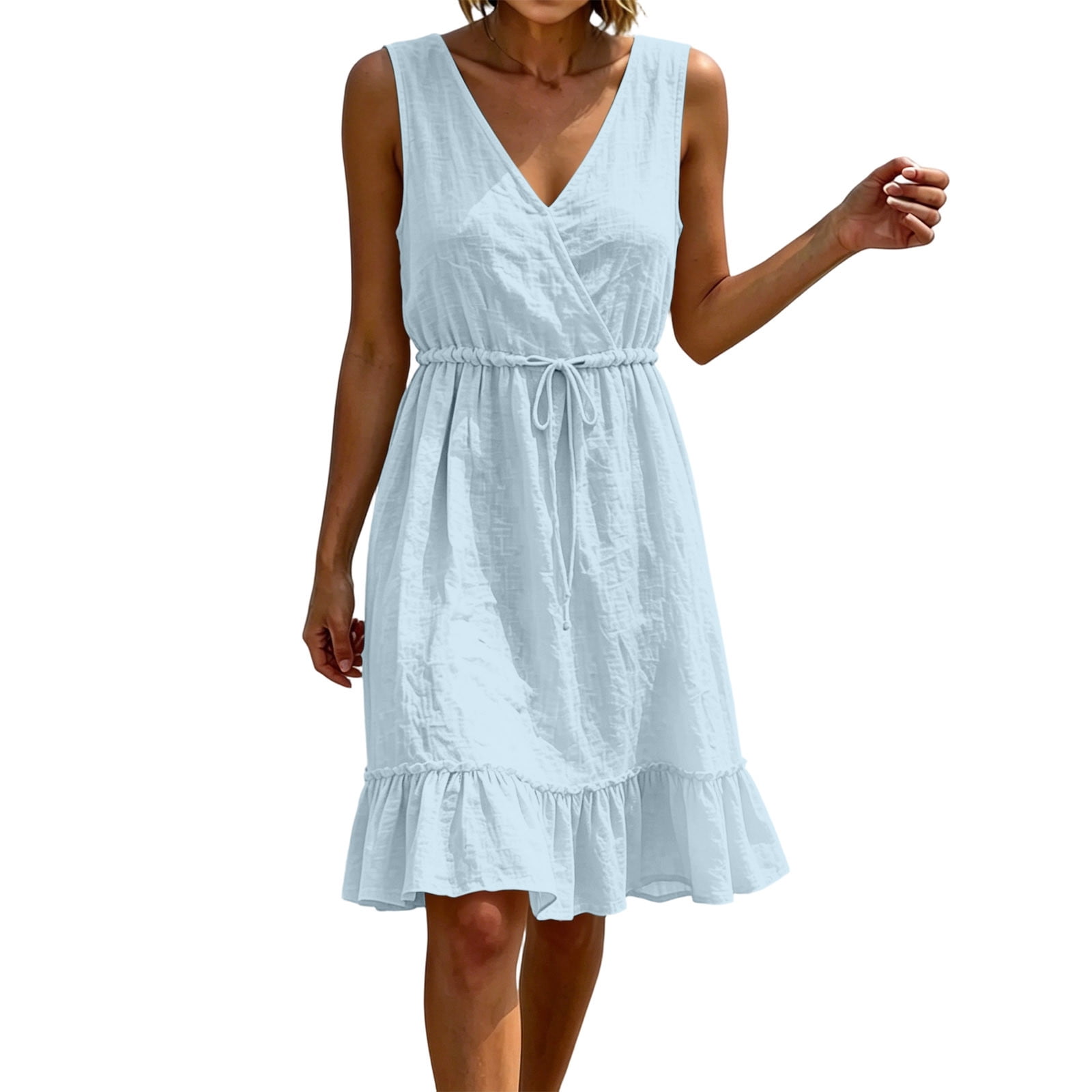 Ankola Womens Summer Dresses V Neck Sleeveless Ruffle Drawstring A Line ...