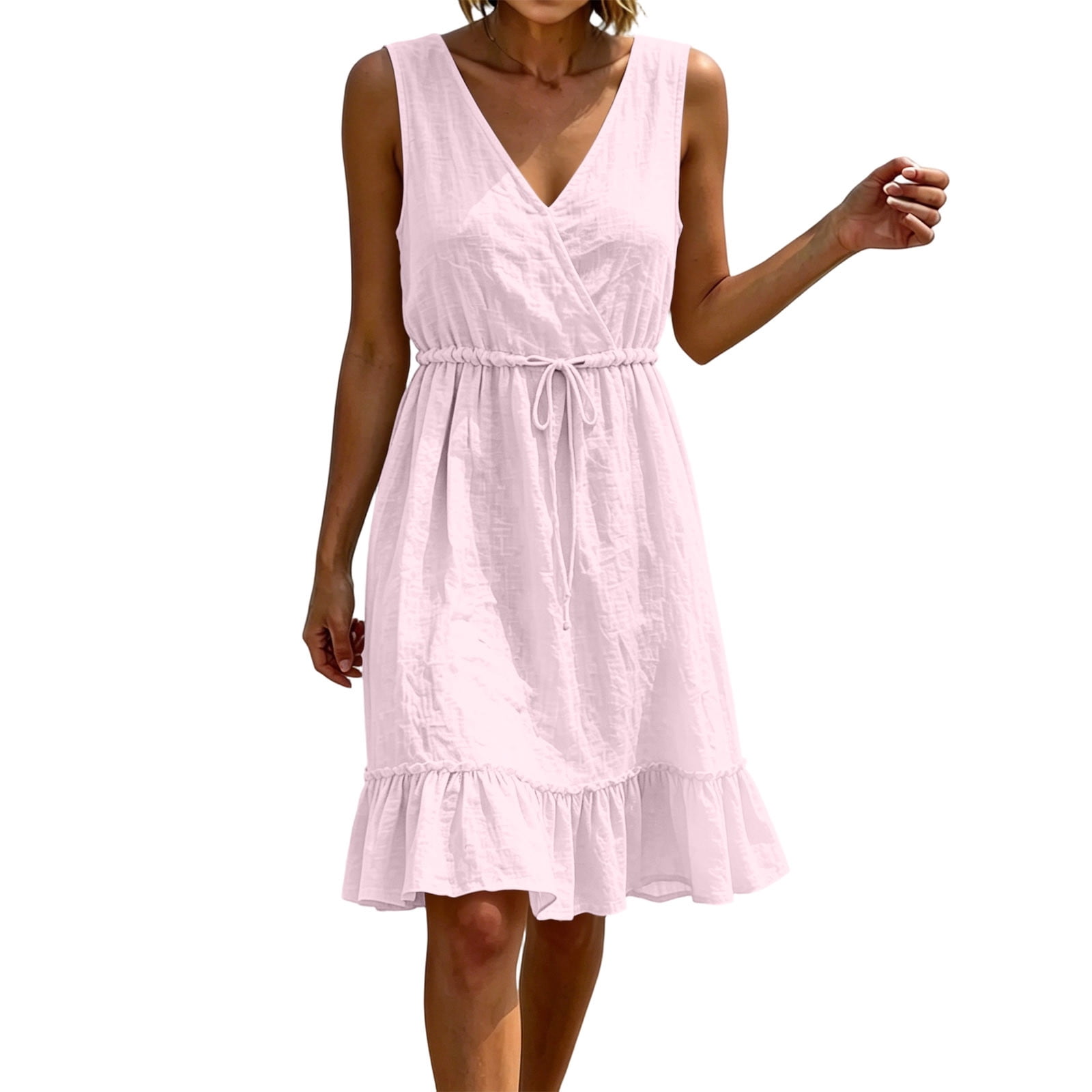 Ankola Womens Summer Dresses V Neck Sleeveless Ruffle Drawstring A Line ...