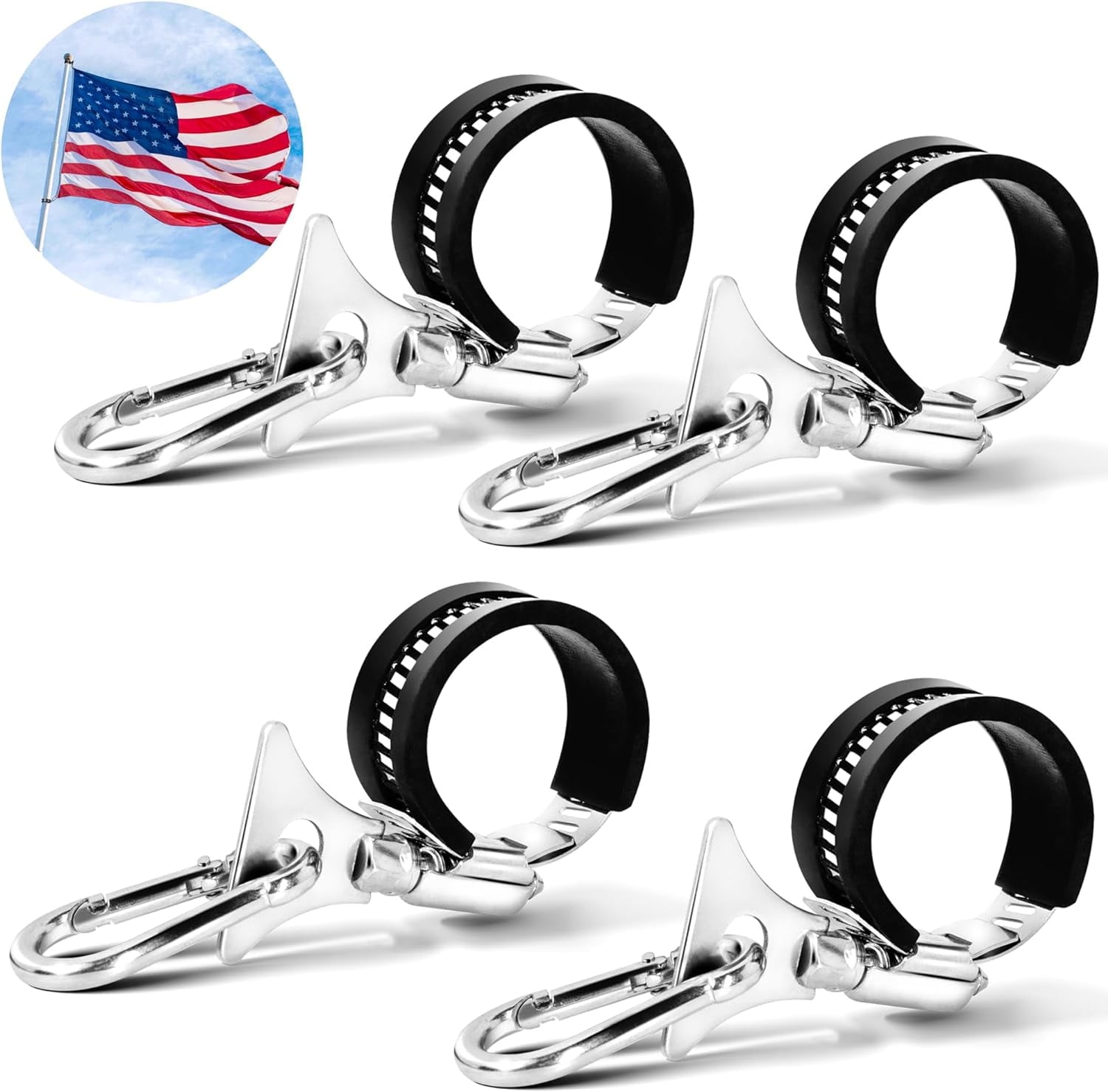 Anley (4 Pack) Flagpole Clamp and Clip Kit to Hold Flag with Carabiner ...