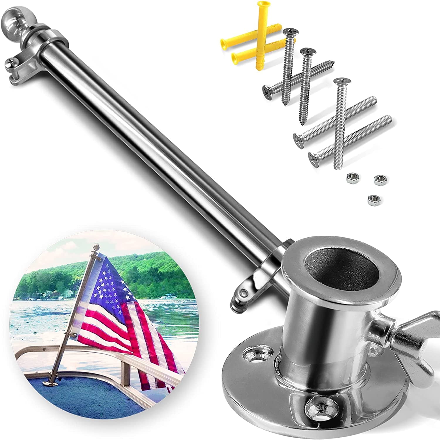 Anley Boat Flag Pole Kit with Flag Pole and Mounting Base - Stainless ...