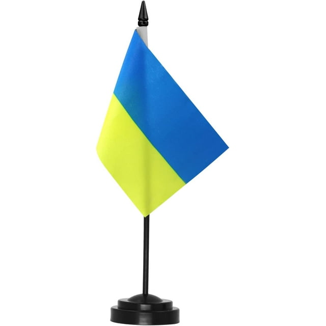 Anley Ukraine Deluxe Desk Flag Set - 6 x 4 Inch Miniature Ukrainian UKR ...