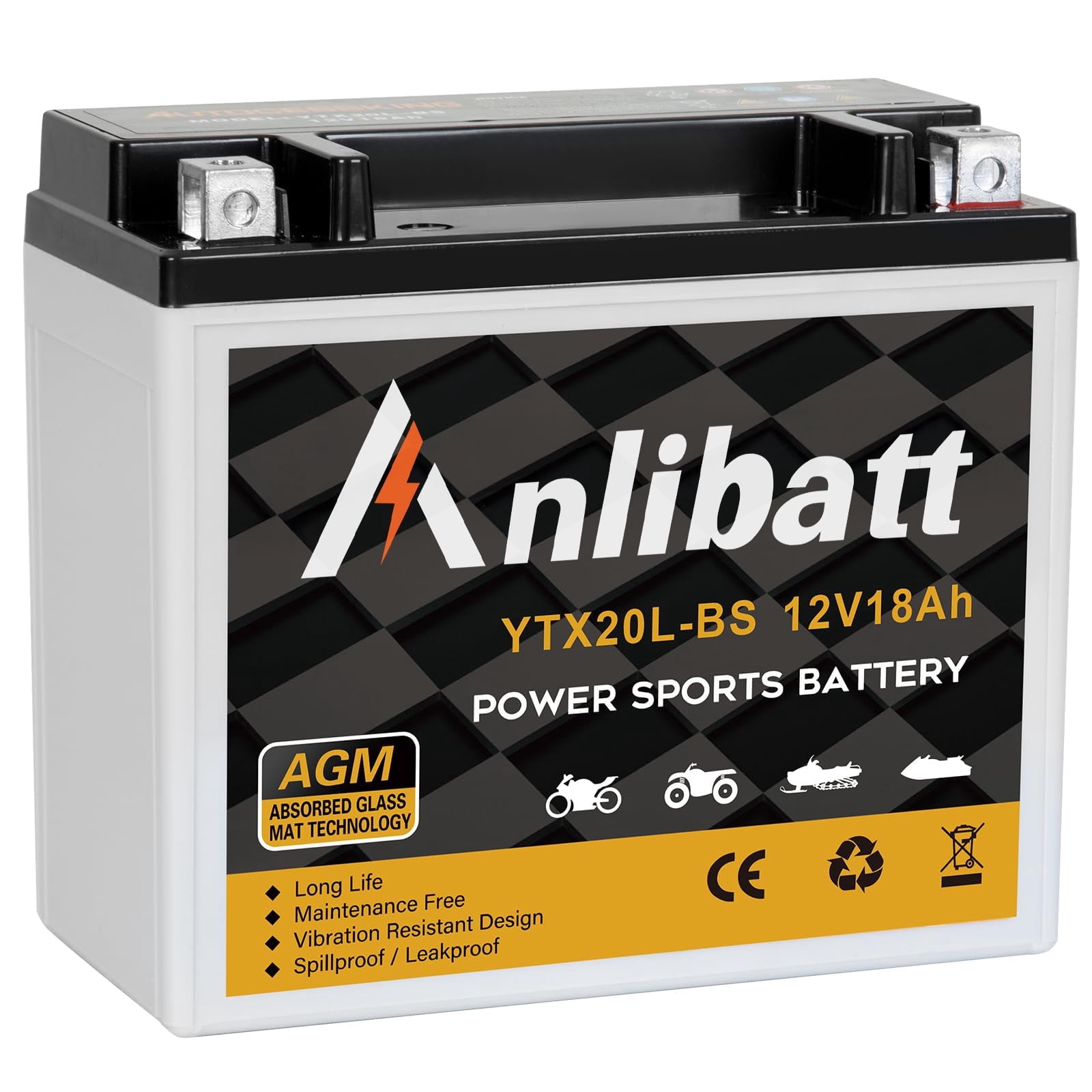 Anlibatt Motorcycle Battery YTX20L-BS AGM Powersports 310CCA 12V 18Ah ...