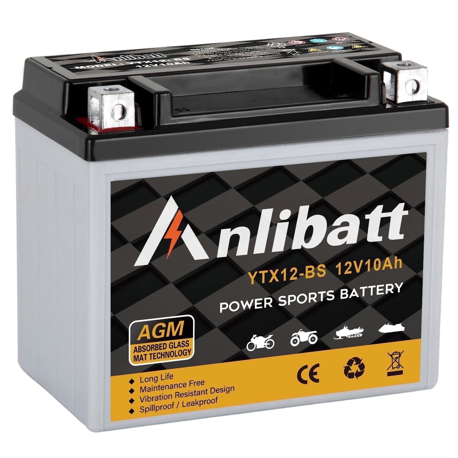 Anlibatt YTX12-BS Motorcycle Battery 12V 10Ah 180CCA Rechargeable ...