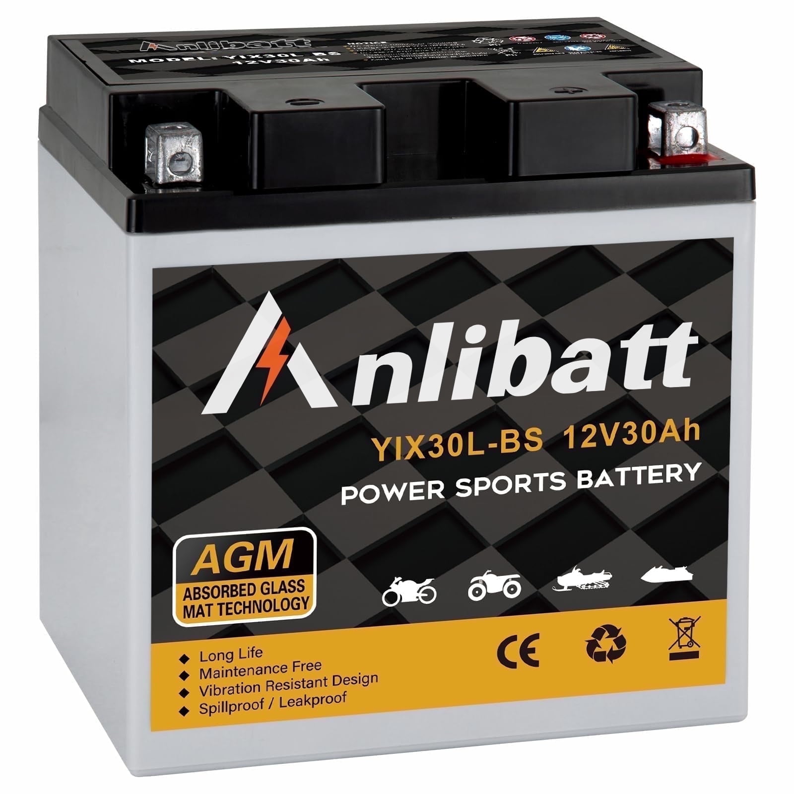 Anlibatt YTX30L-BS Motorcycle Battery, 12V 30Ah 400CCA Lithium AGM ...