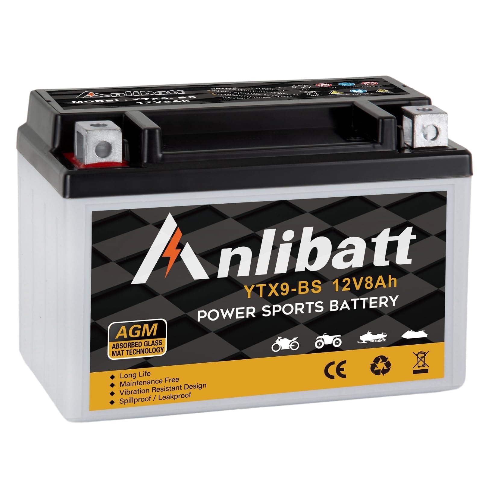 Anlibatt YTX9-BS Motorcycle Battery 12V 8Ah 180CCA Rechargeable Sealed ...