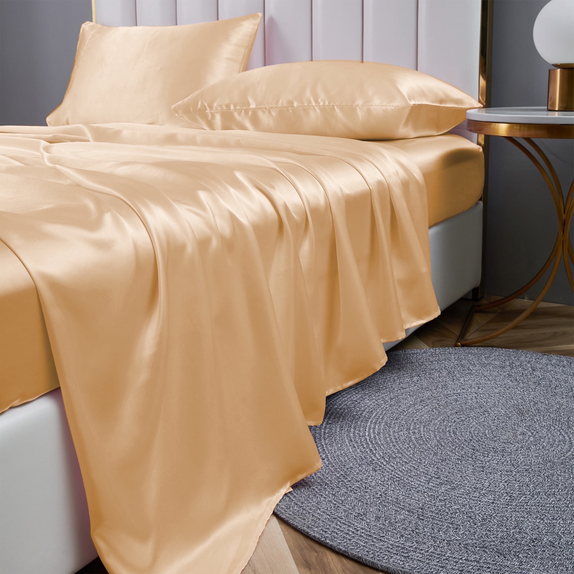 ANMINY Queen Size Satin Sheets 4-Piece Champagne Stripe Silk Bed Set ...