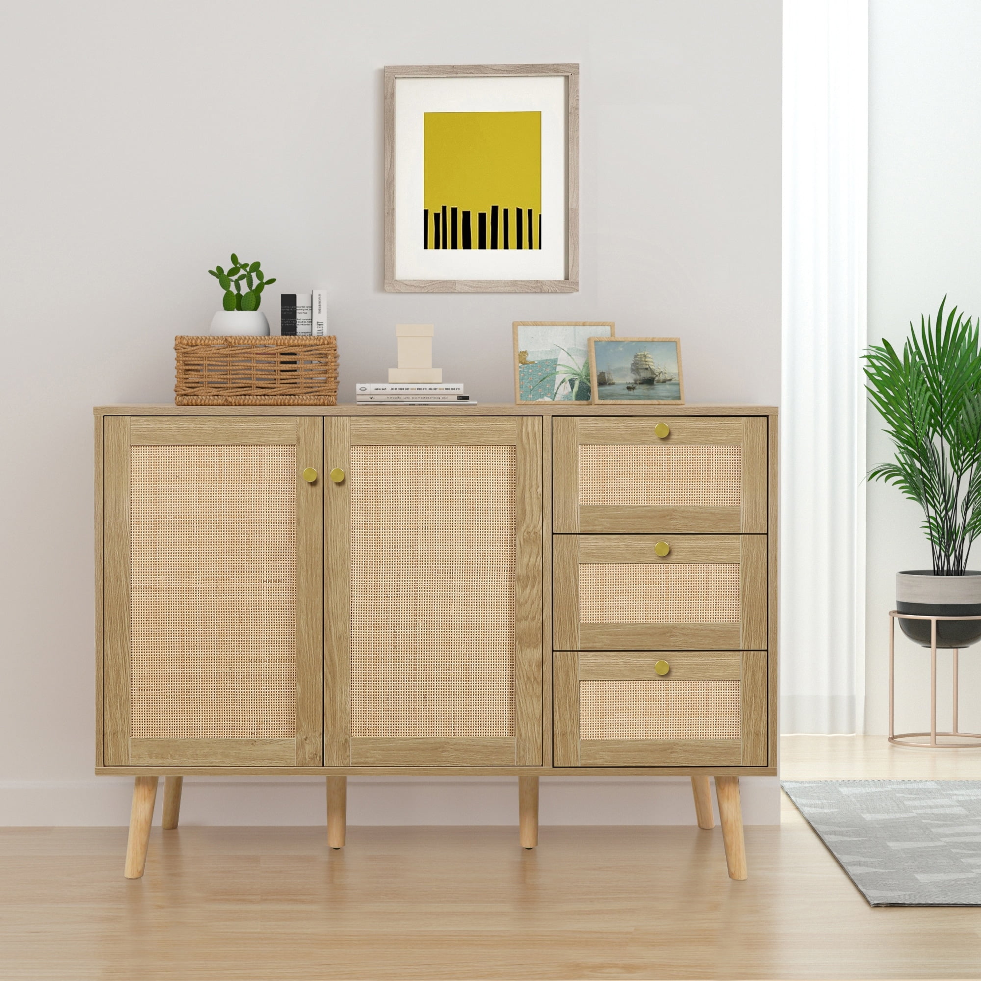 Anmytek 2 Door Mid-Century Modern Wood Rattan Buffet Sideboard Storage ...