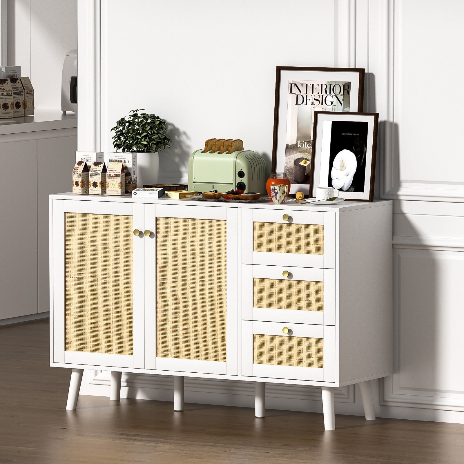 Anmytek Mid-Century Modern 2-Door Wood Rattan Buffet Sideboard Kitchen ...