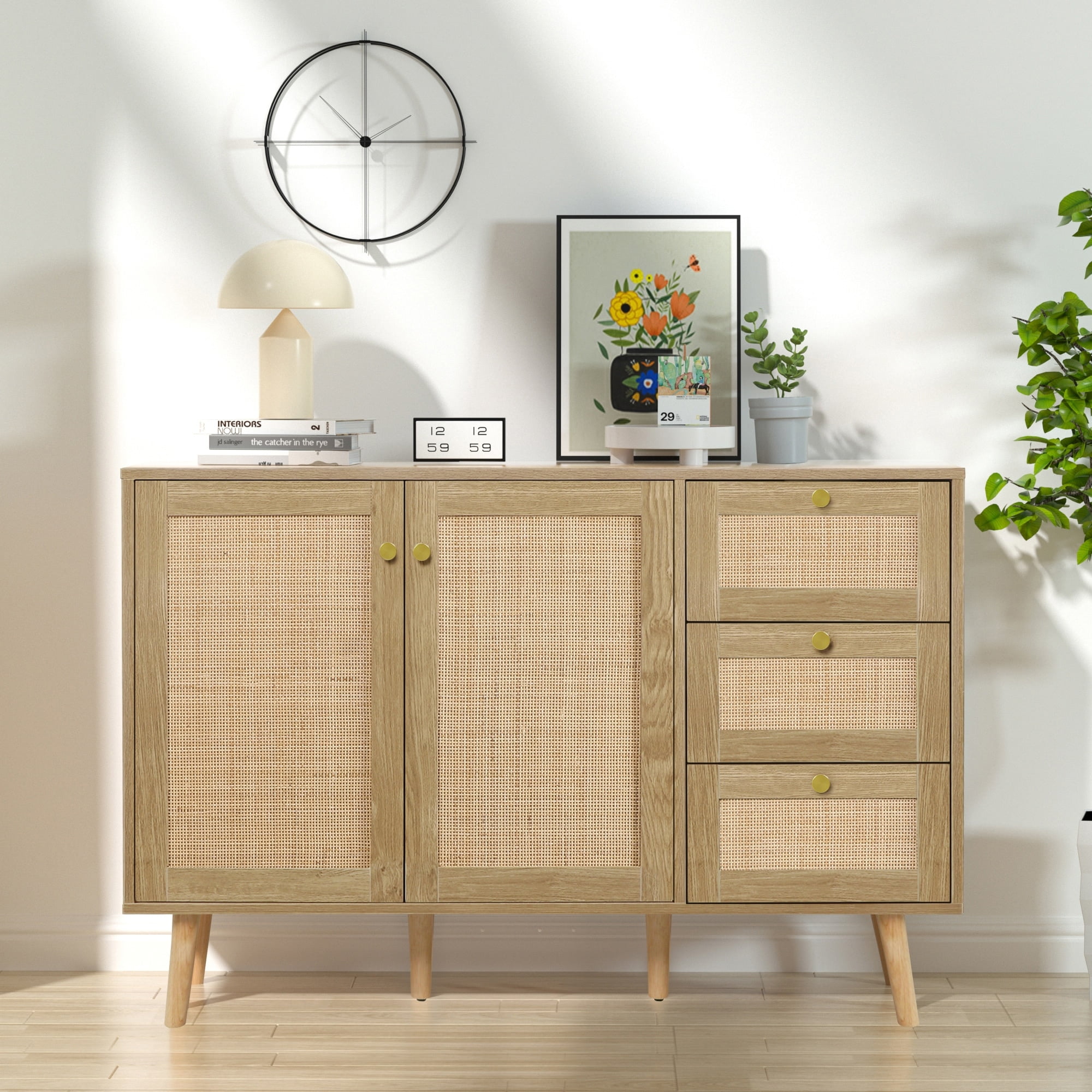 Anmytek Buffet Sideboard 2 Door Rattan Cabinet with 3 Drawer Mid ...