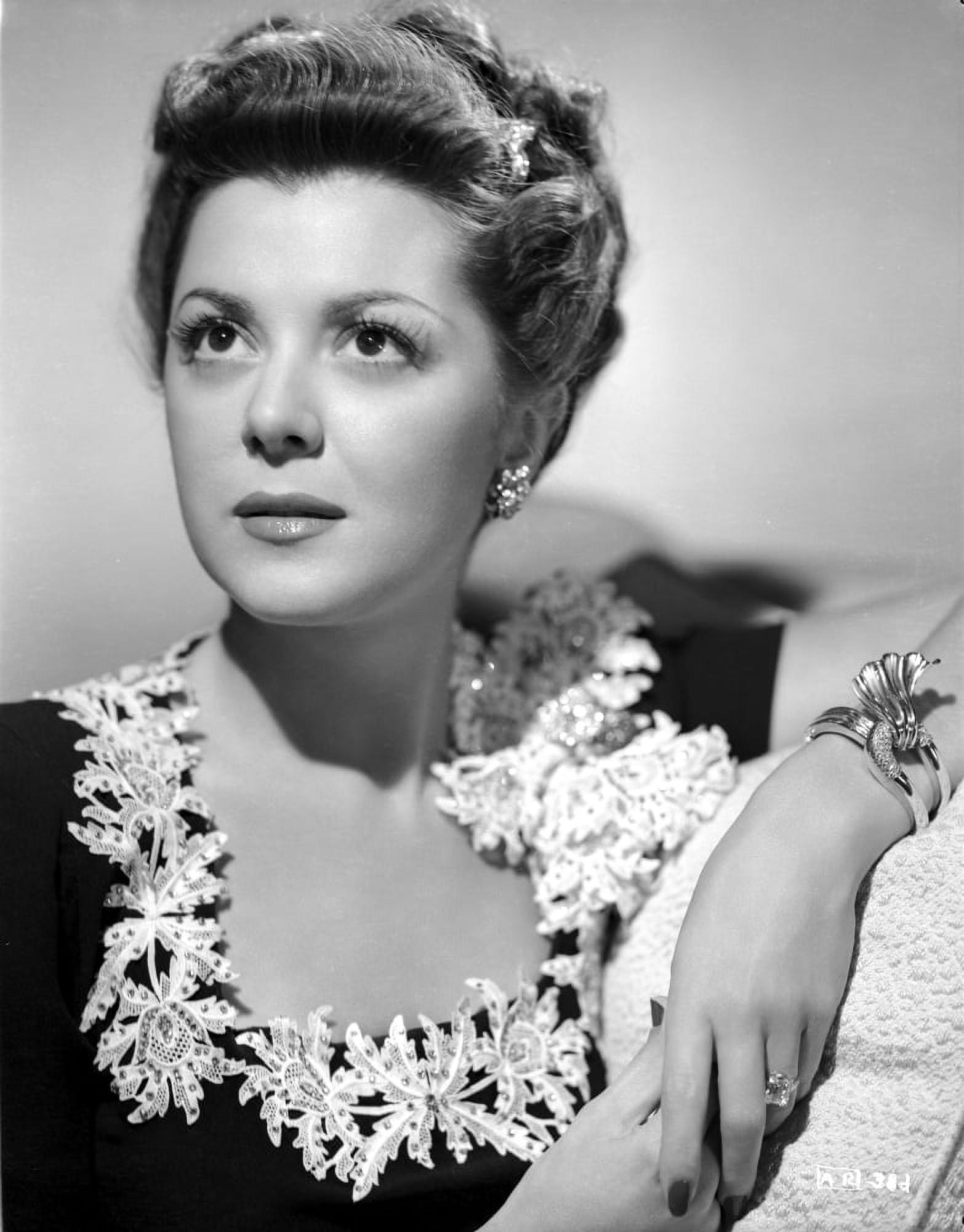 Ann Rutherford wearing a Black Dress with Floral Design on Neckline ...