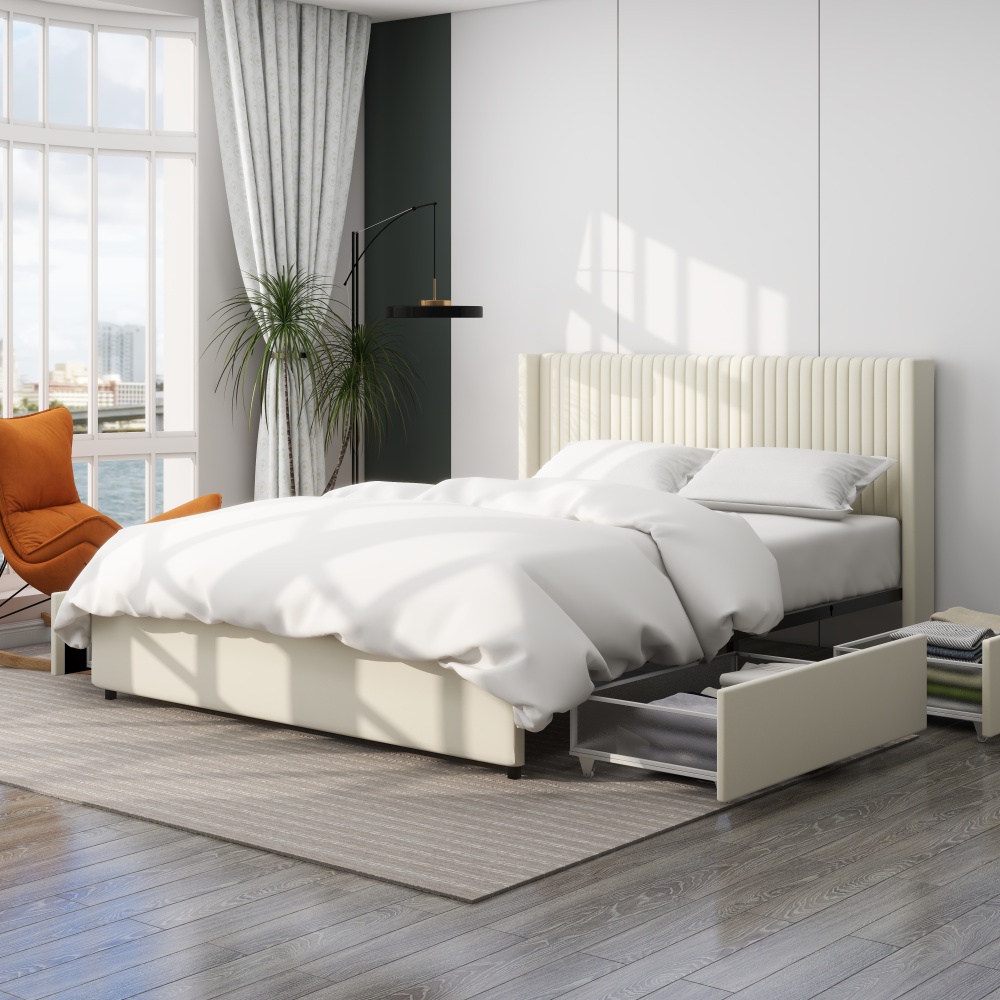 Anna Queen Size Ivory Velvet Upholstered Wingback Platform Bed with ...