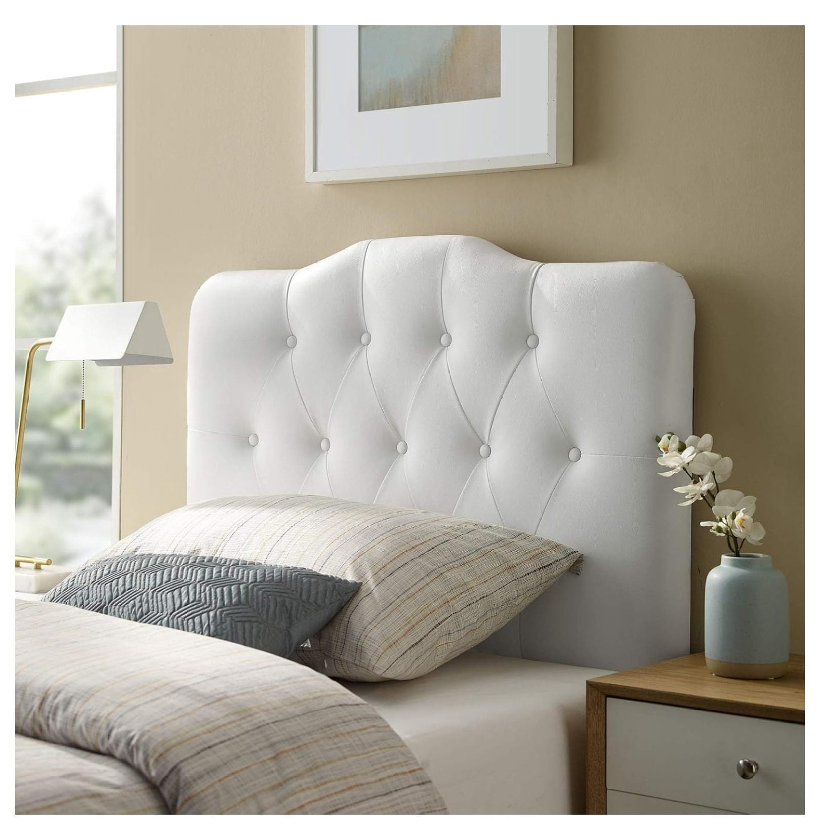 Annabel Tufted Button Faux Leather Upholstered Headboard in White ...