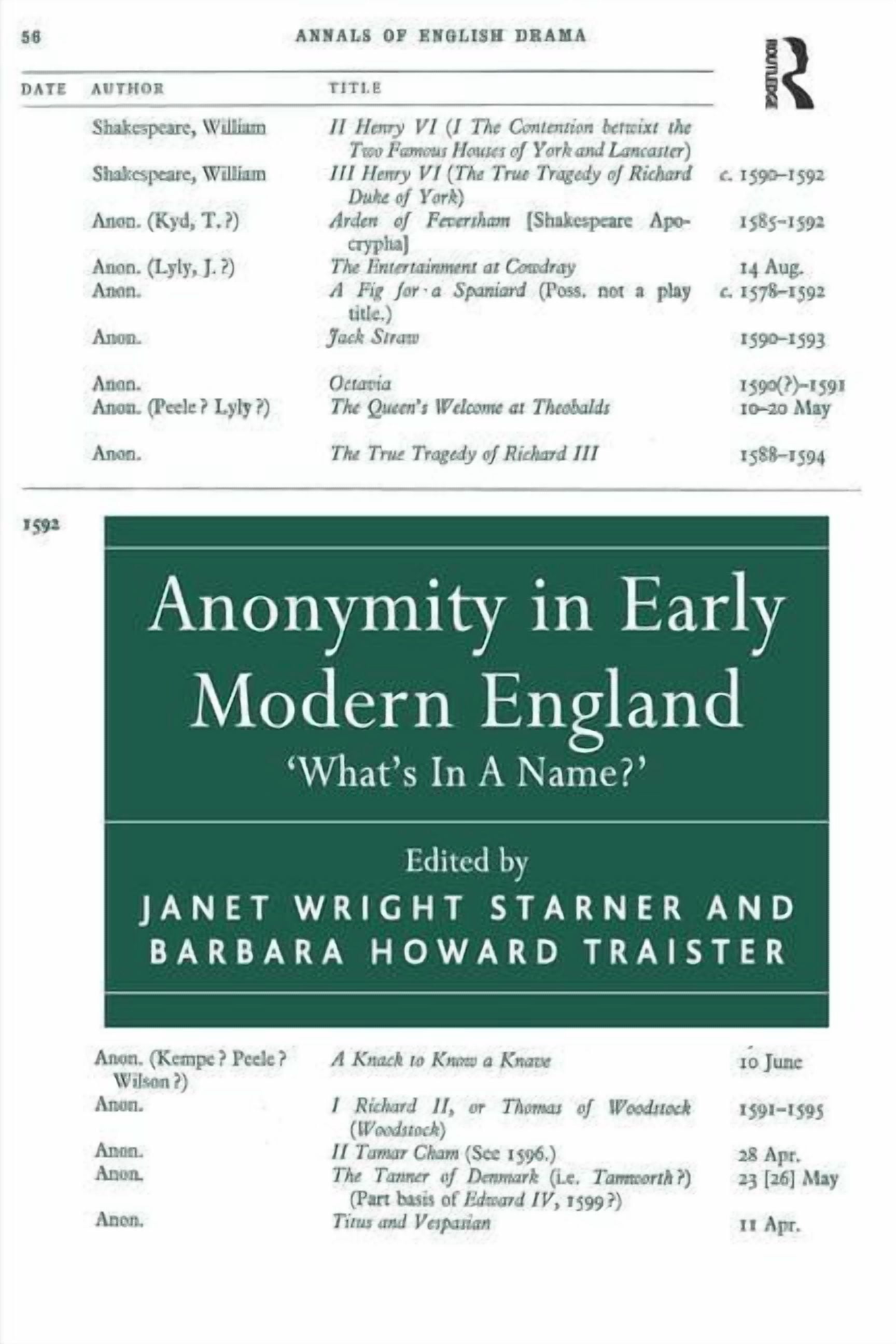 Annals of English Drama Anonymity in Early Modern England: 'What's In A ...
