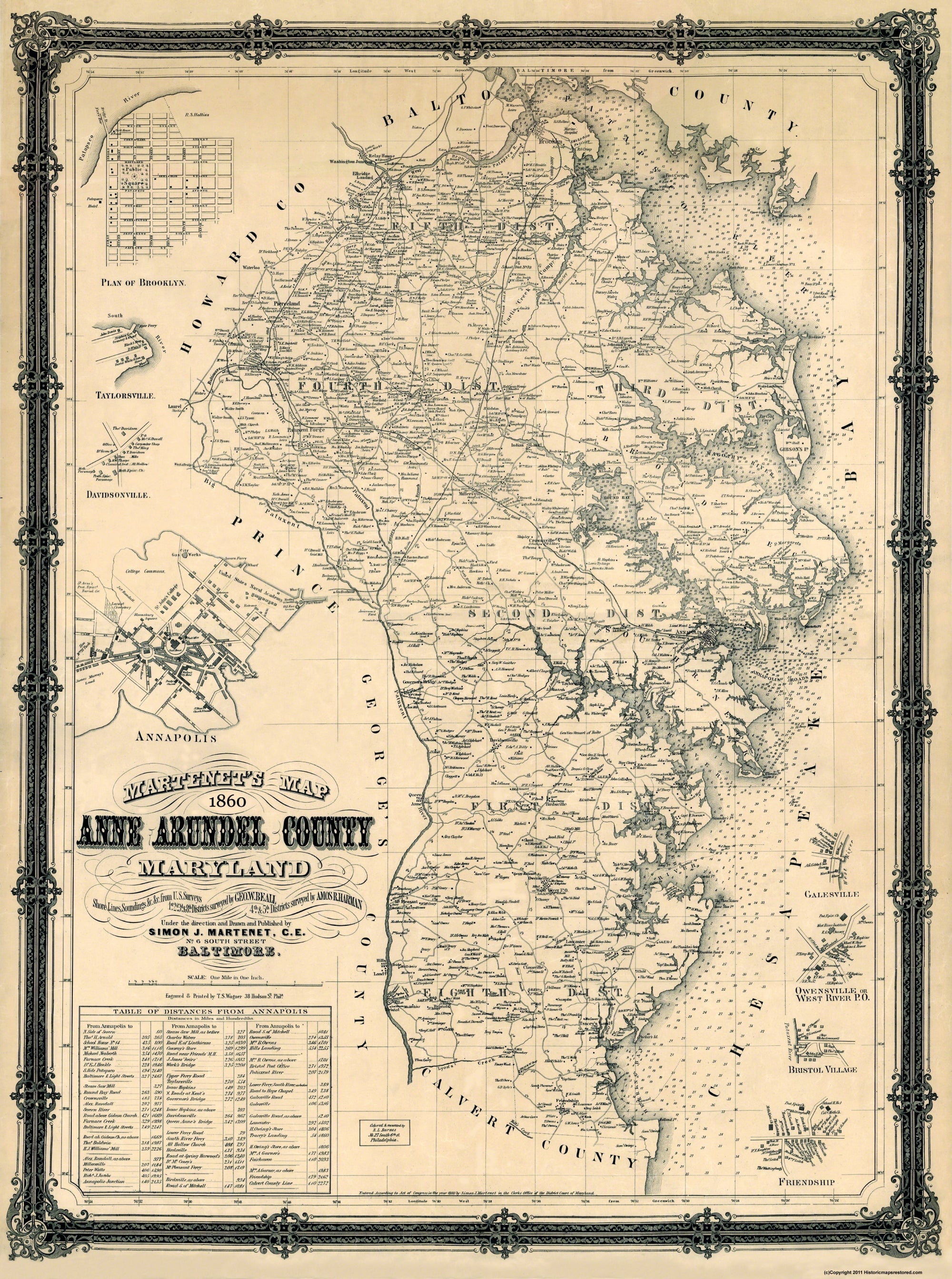 Historic County Map - Anne Arundel Counties Maryland - Wagner 1860 - 23 ...