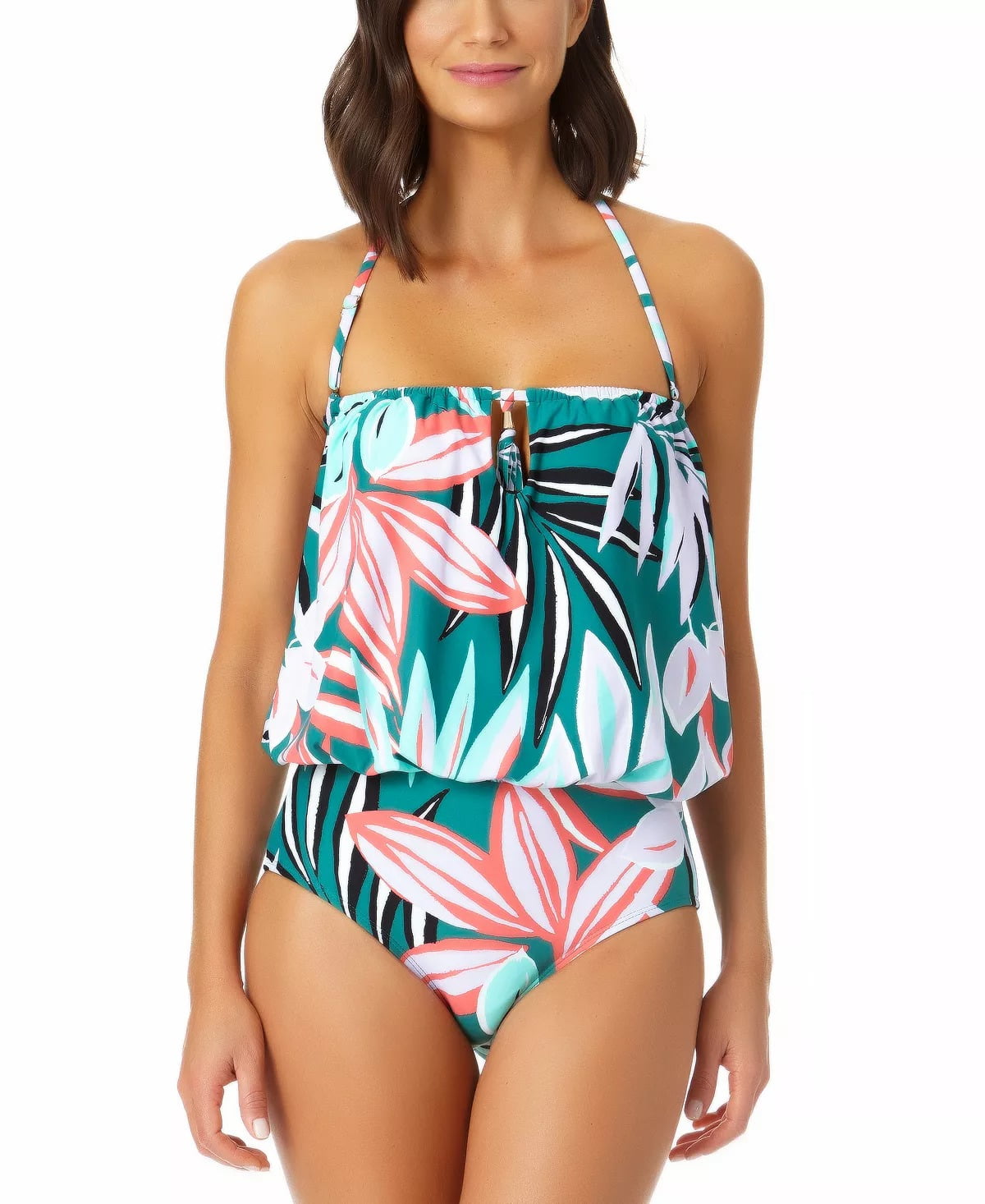 Anne Cole Multi Zesty Tropical Blouson Keyhole One Piece Swimsuit Us 6