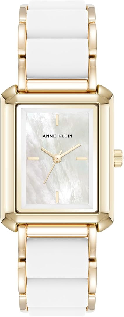 Anne Klein Gold-Tone Rectangular White Mother-of-Pearl Silicone Ladies ...