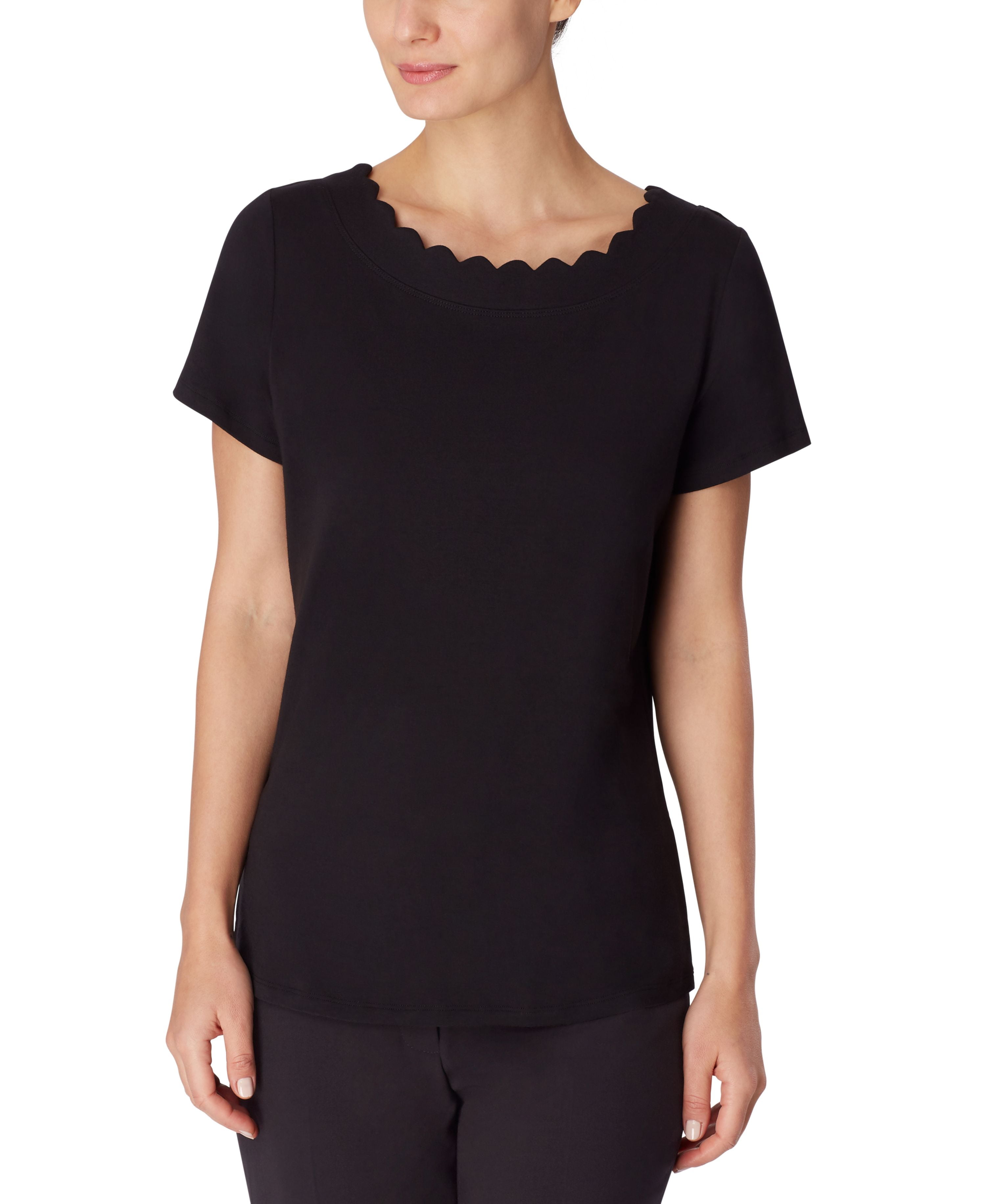 Anne Klein Petite Scalloped-Neck Top Anne Black PXS - Walmart.com