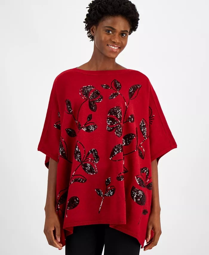 Anne Klein TITIAN RED Women's Sequin-Detail Poncho Top, US Small ...