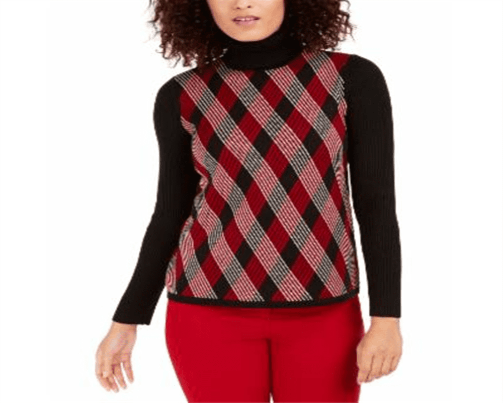 Anne Klein Women's Plaid Turtleneck Top (XS, Anne Black/Titian Red ...