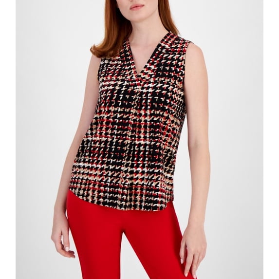 Anne Klein Women's Printed Sleeveless V-Neck Shell Top Black Multi ...
