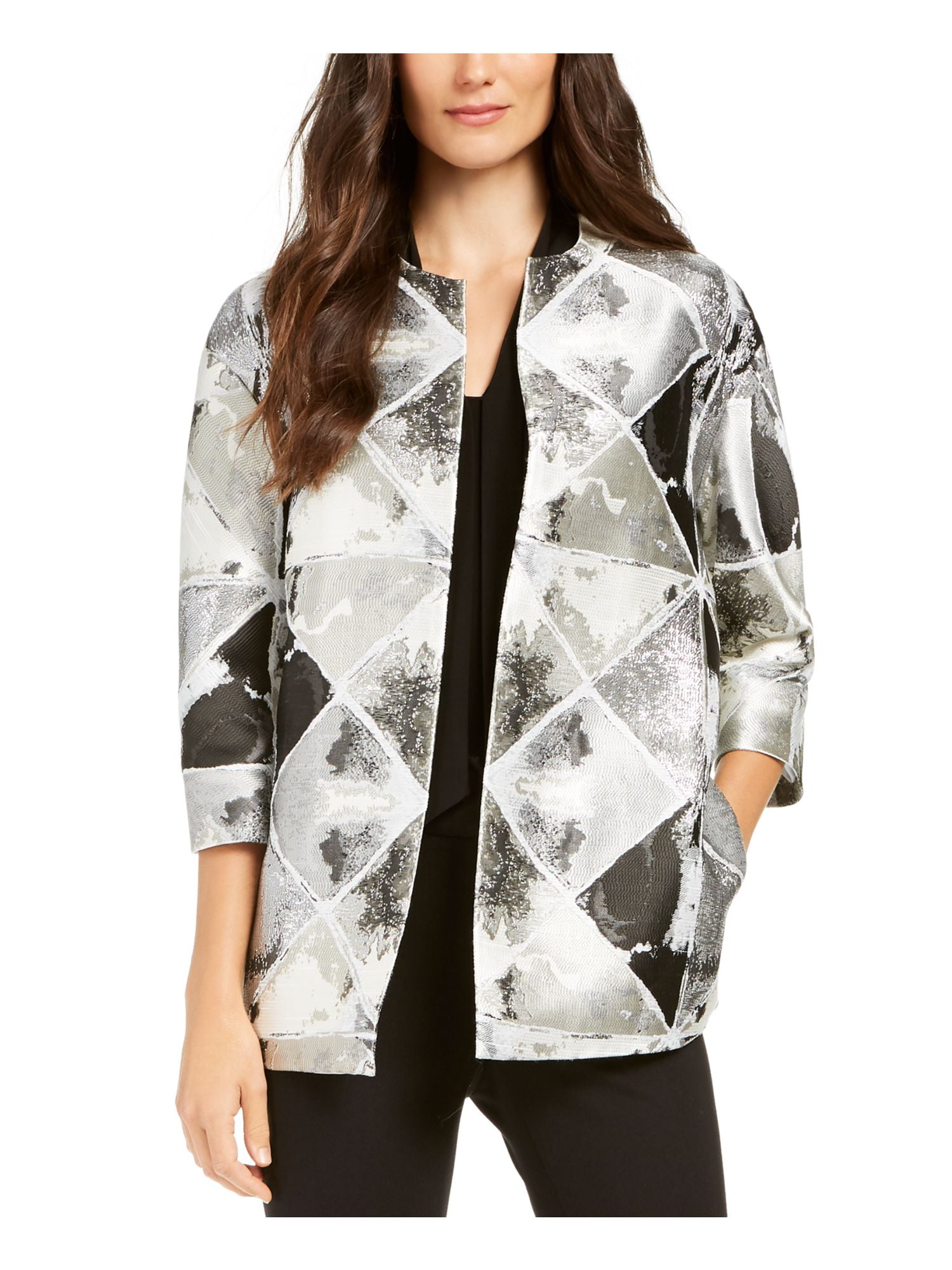 Anne Klein Womens Metallic Open Front Topper Jacket Silver L - Walmart.com