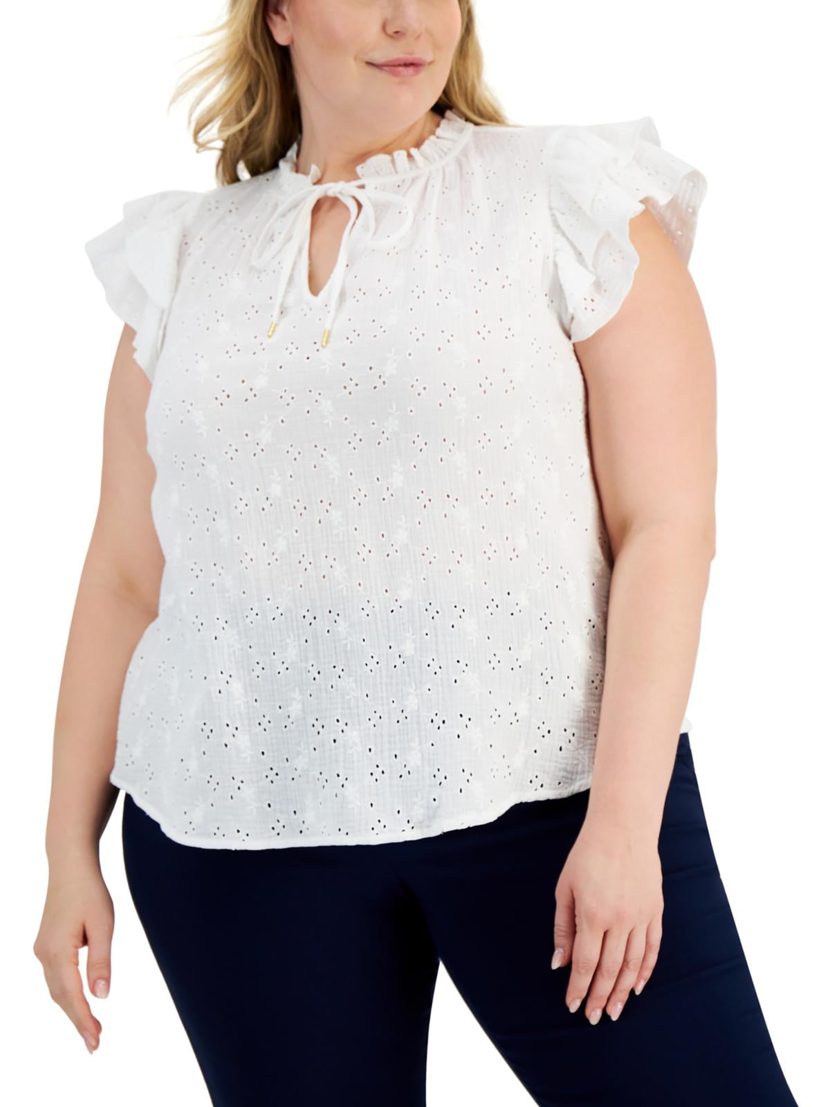 Anne Klein Plus Size Eyelet Flutter Sleeve Top Bright White 0X ...