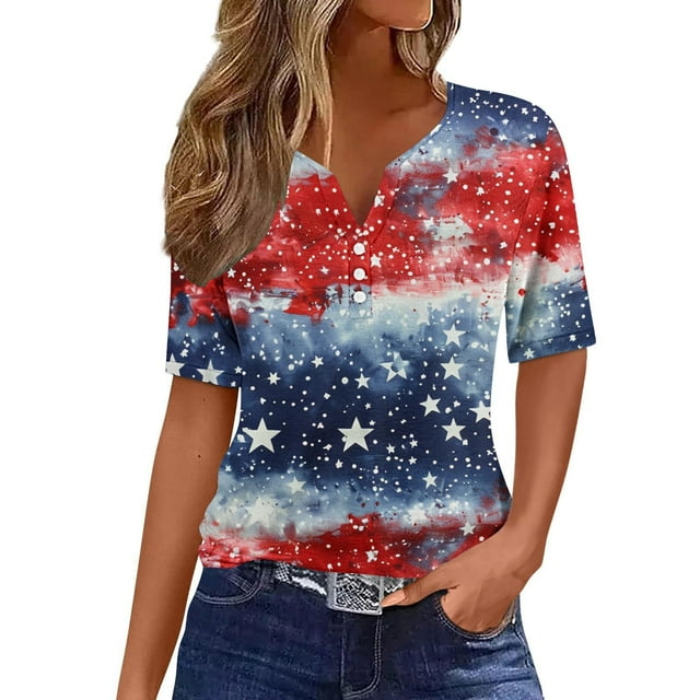 Annhoo 4th of July T Shirt for Women Casual Button V Neck Tops Short ...