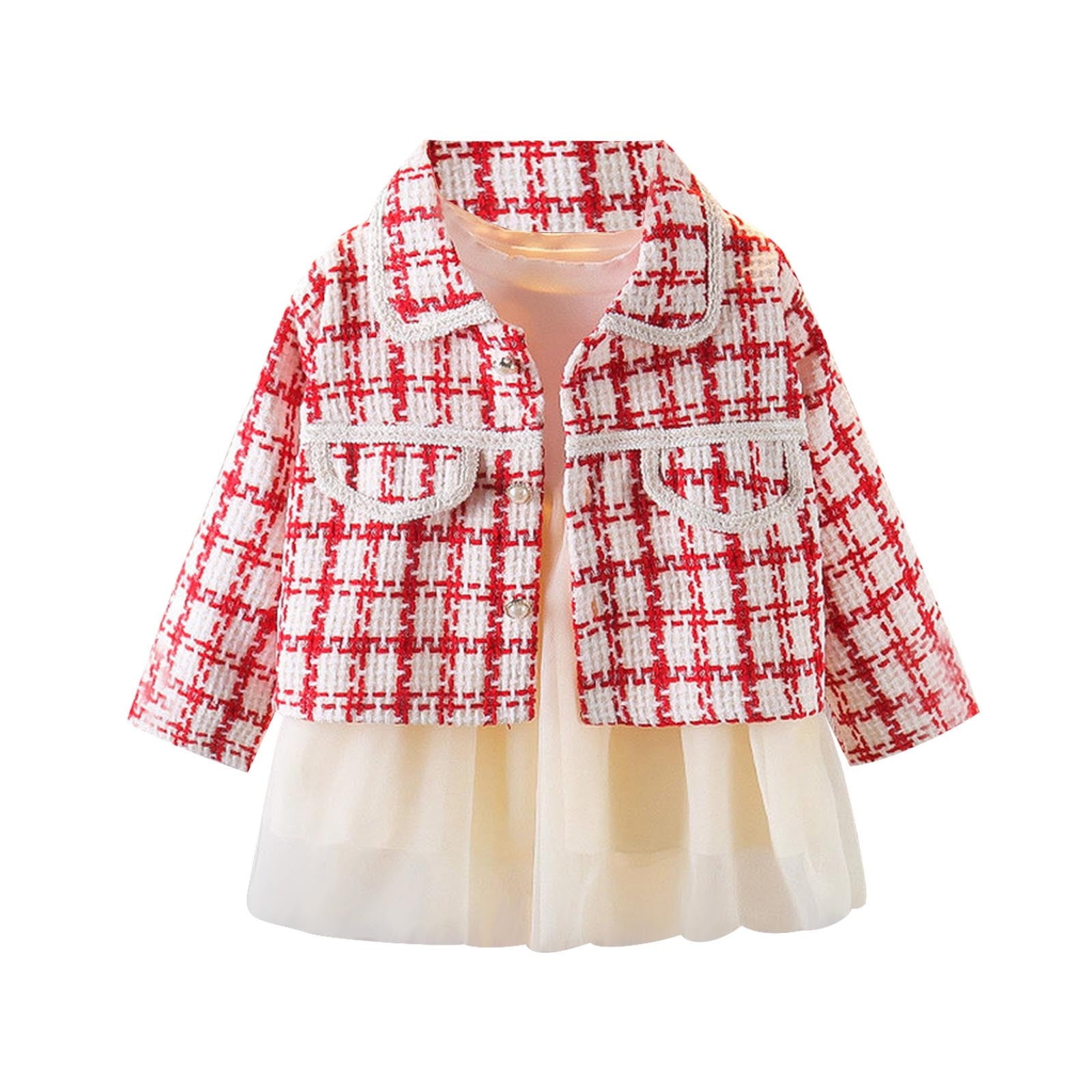 Annhoo Baby Girls Dress Sets Long Sleeve Lapel Plaid Cardigan Jacket ...