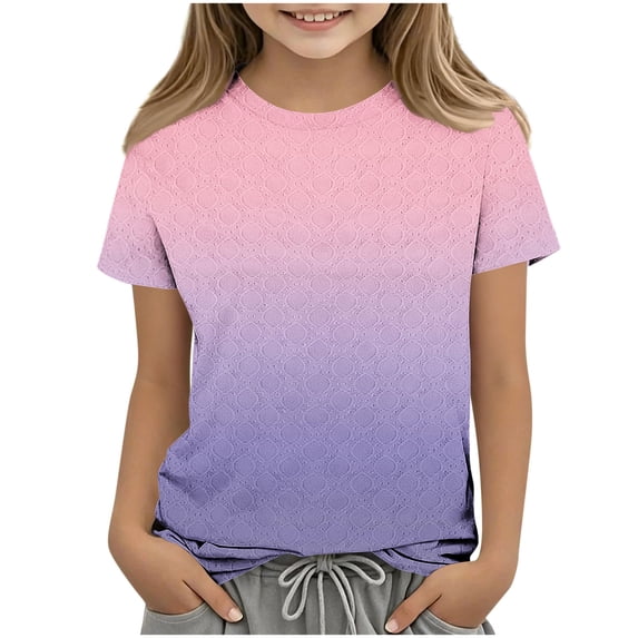Annhoo Big Girls Summer Shirt Short Sleeve Round Neck Gradient Color ...