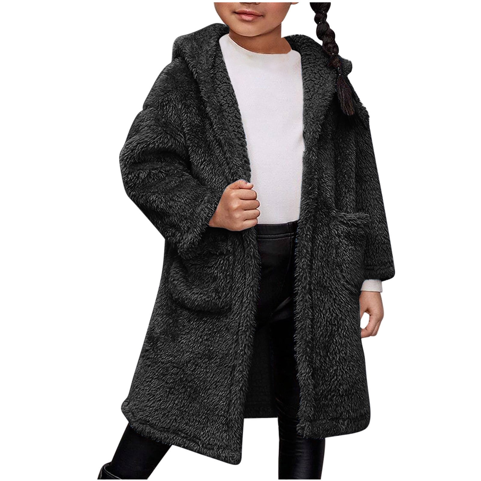 Annhoo Boys Girls Long Fleece Coats Winter Comfy Long Sleeve Open Front Hooded Outwear Kids ...