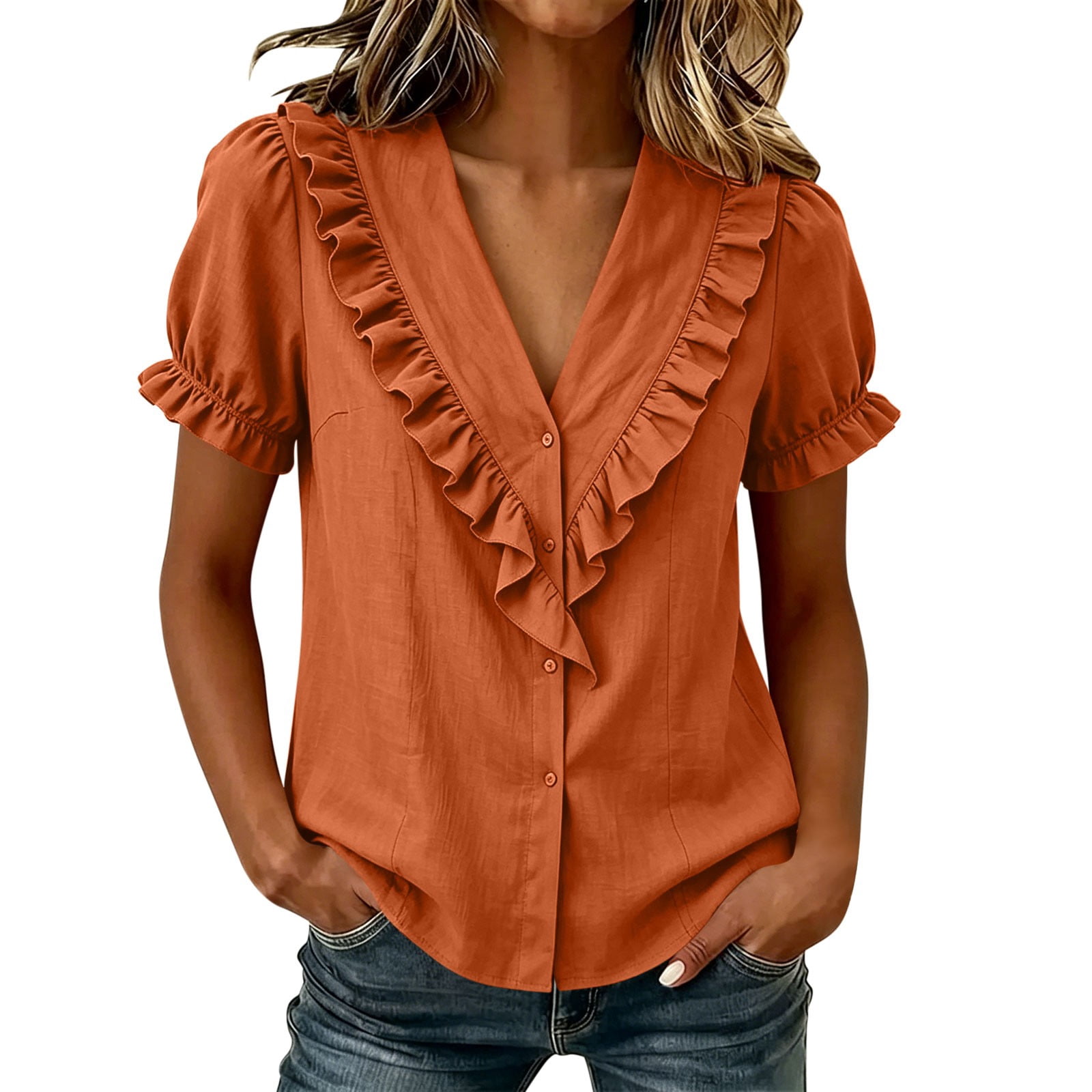 Annhoo Button Down Shirts for Women Summer Ruffle-Trim V Neck Puff ...