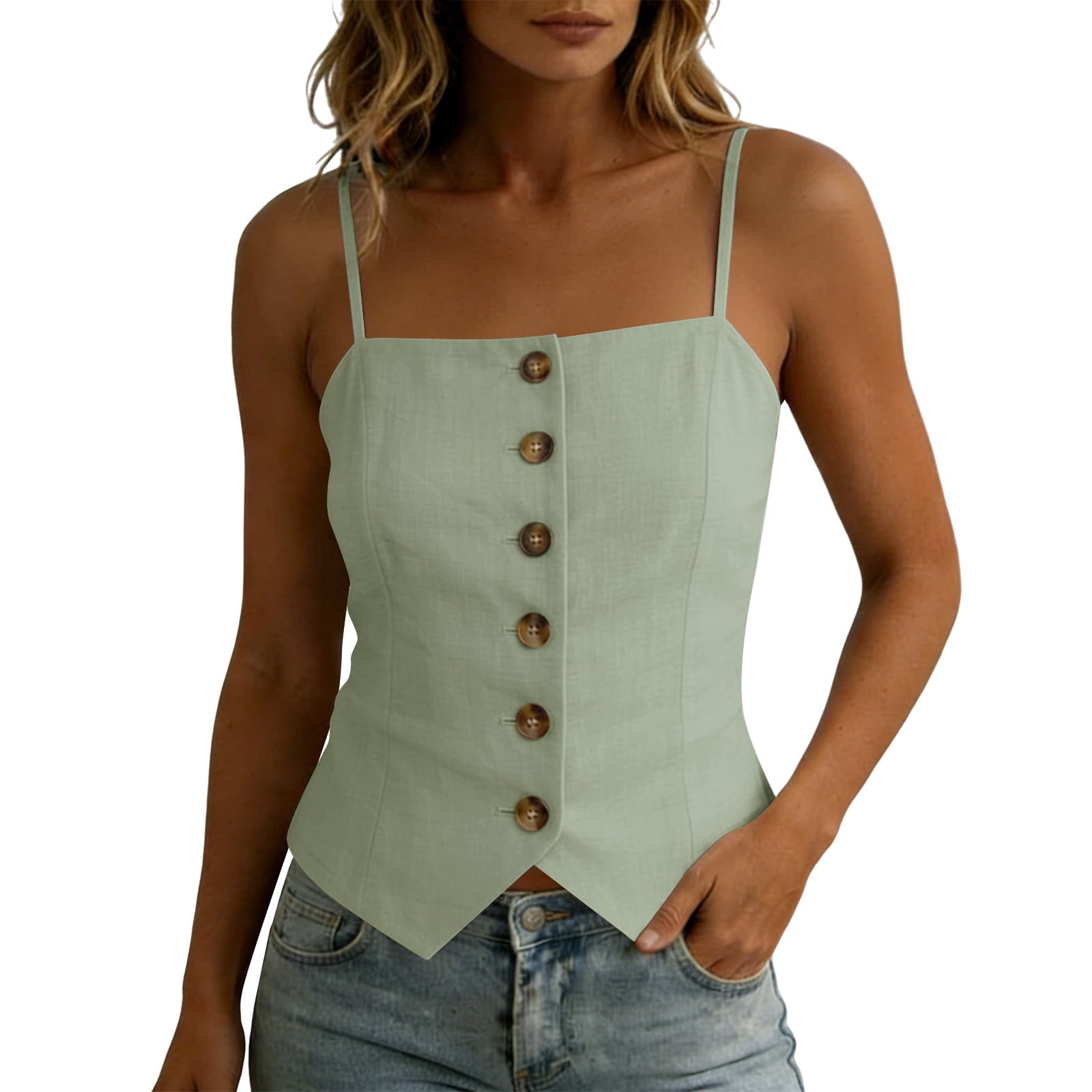 Annhoo Button Front Cami Tops for Women Square Neck Sleeveless Slim ...