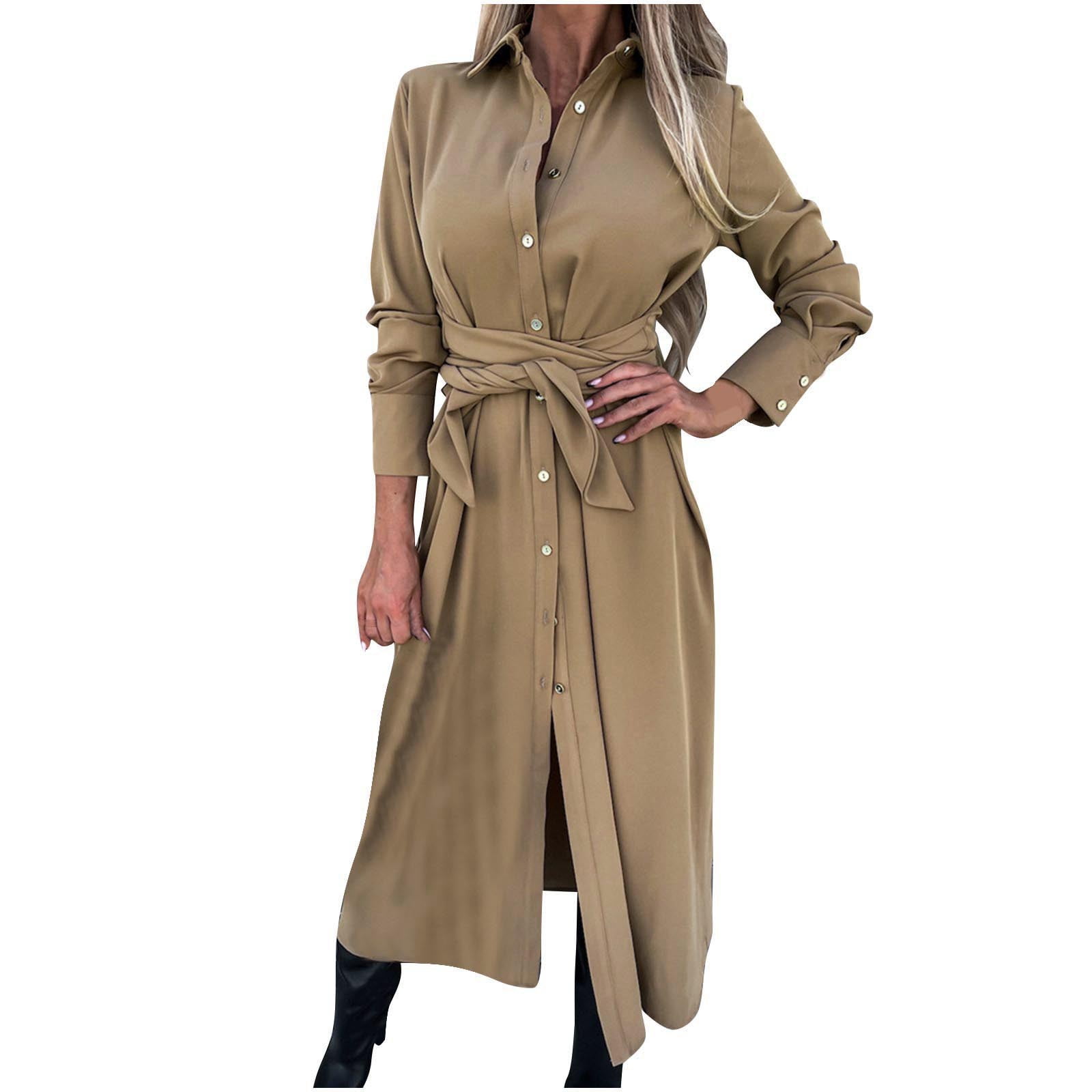 Annhoo Button down Dresses for Women Plus Size Tie Waisted Long Sleeve ...