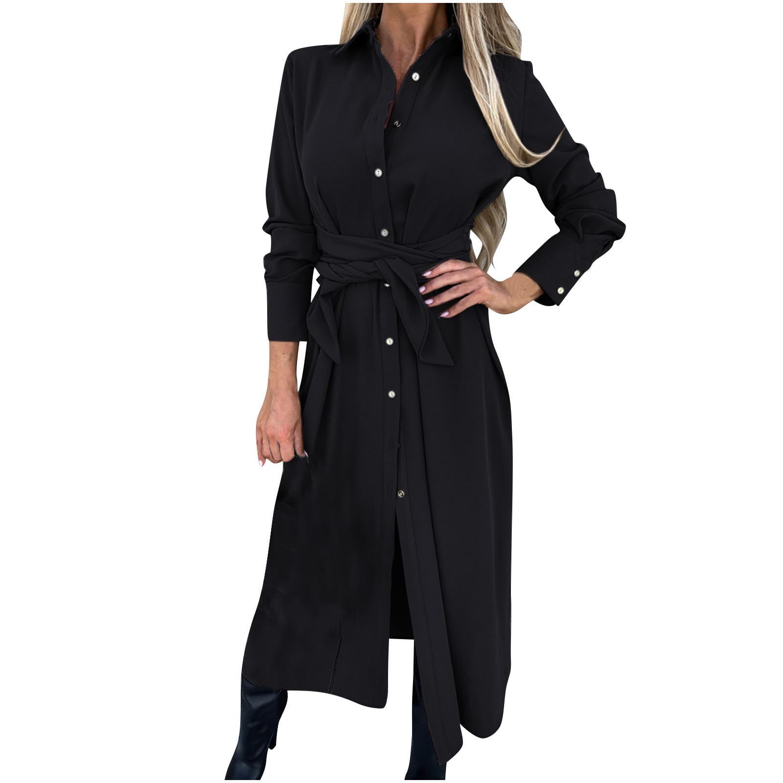 Annhoo Button down Dresses for Women Plus Size Tie Waisted Long Sleeve ...