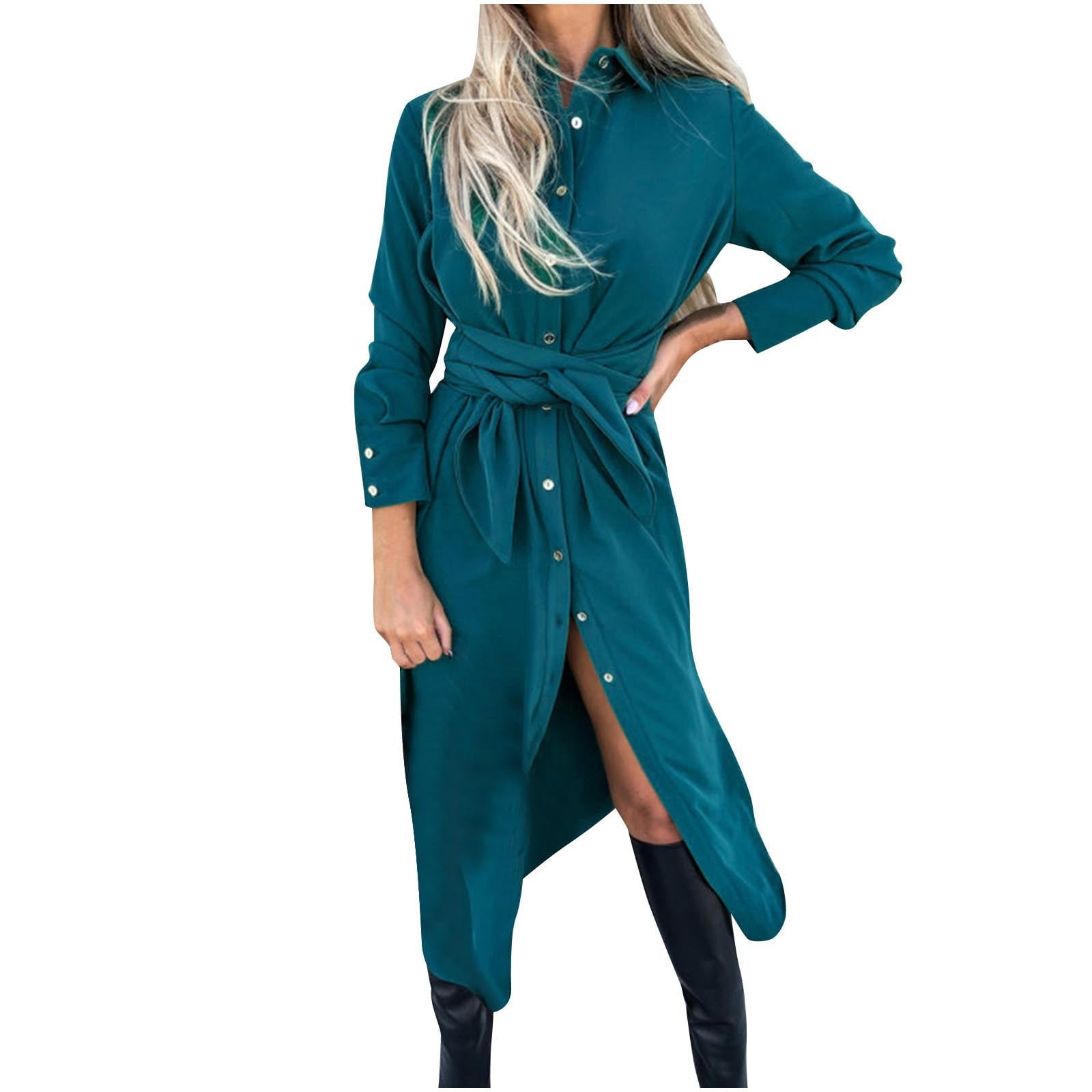 Annhoo Button down Dresses for Women Plus Size Tie Waisted Long Sleeve ...