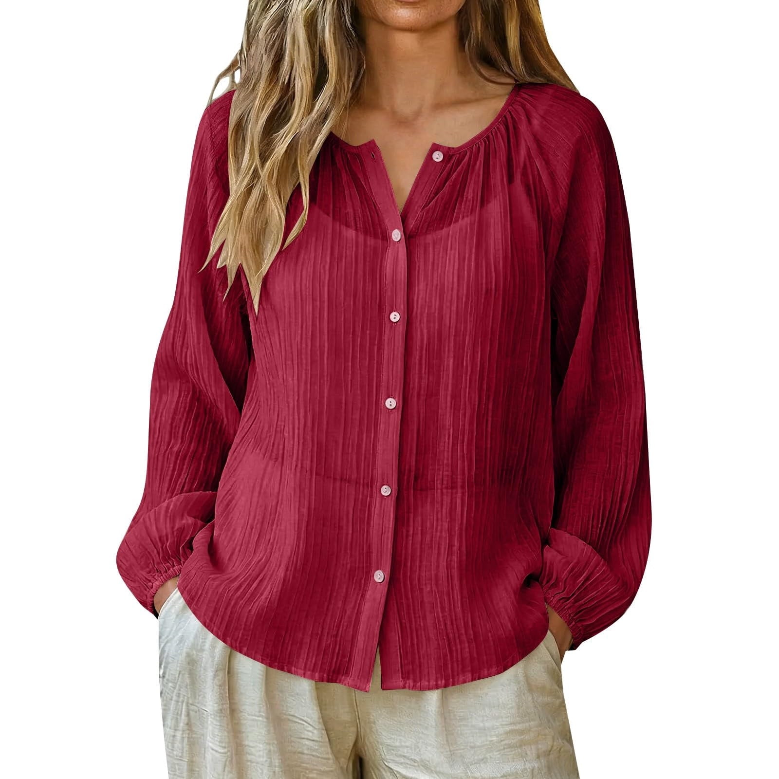 Annhoo Button down Shirts for Women Summer Lightweight Long Sleeve Crew ...