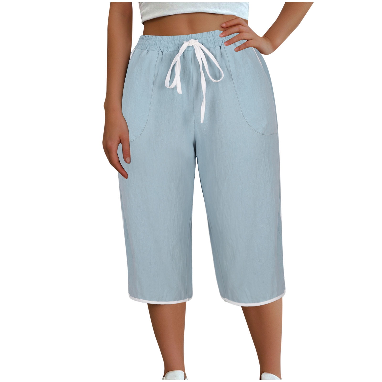 Annhoo Capri Pants for Women Plus Size Elastic Waist Drawstring ...