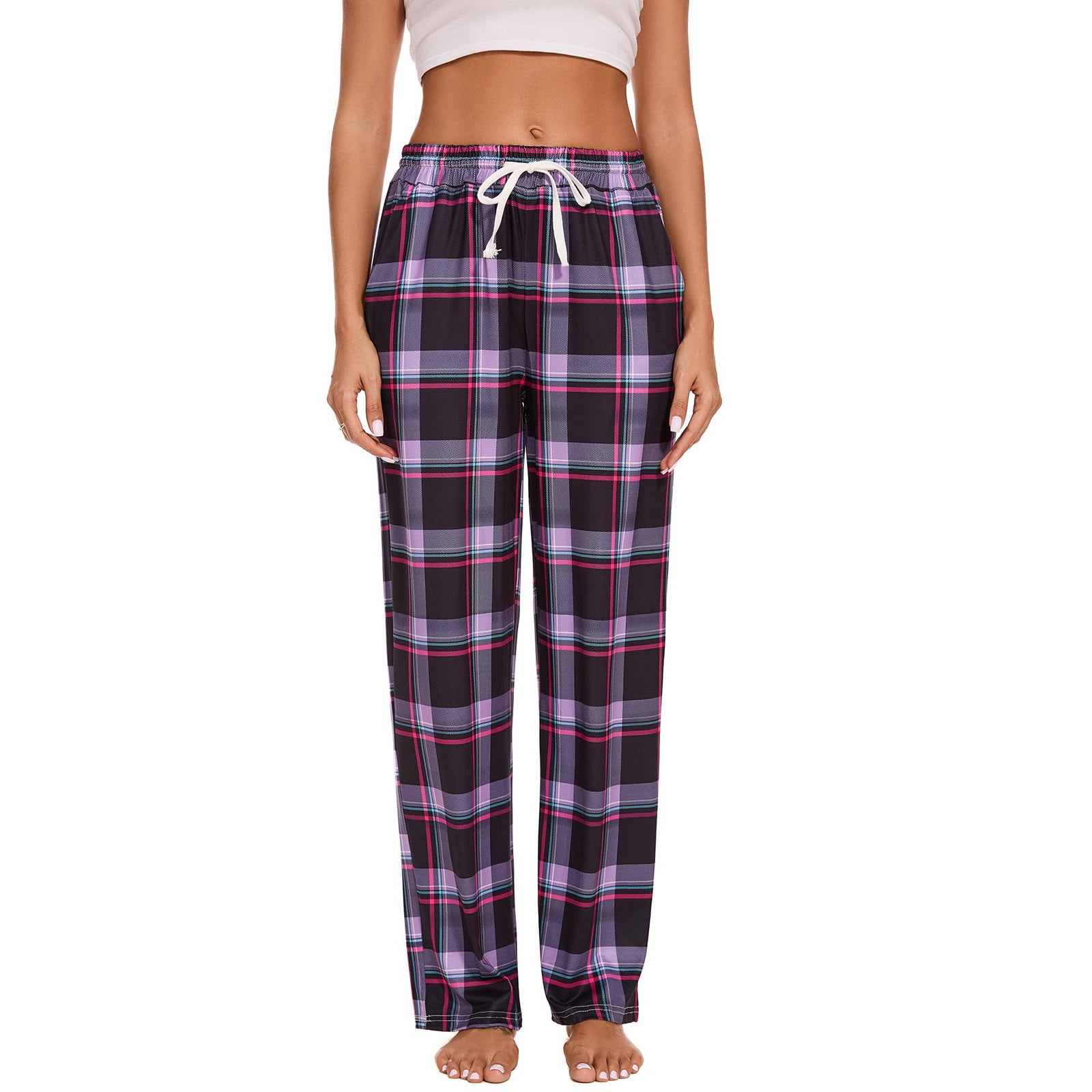 Annhoo Casual Trouser for Women Long Leg Block Color Plaid High Waisted ...