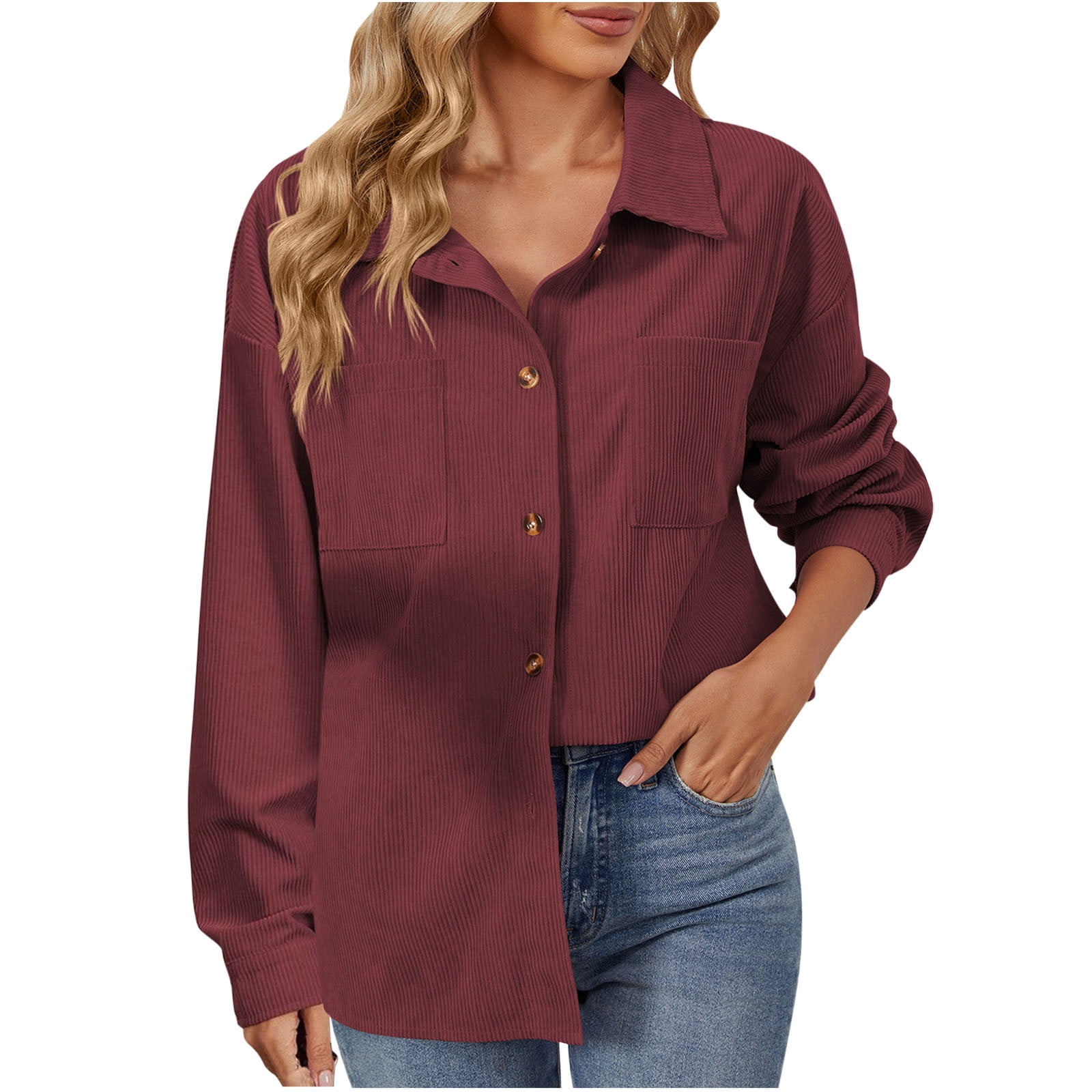 Annhoo Corduroy Jacket for Women Long Sleeve Button down Shackets Fall ...