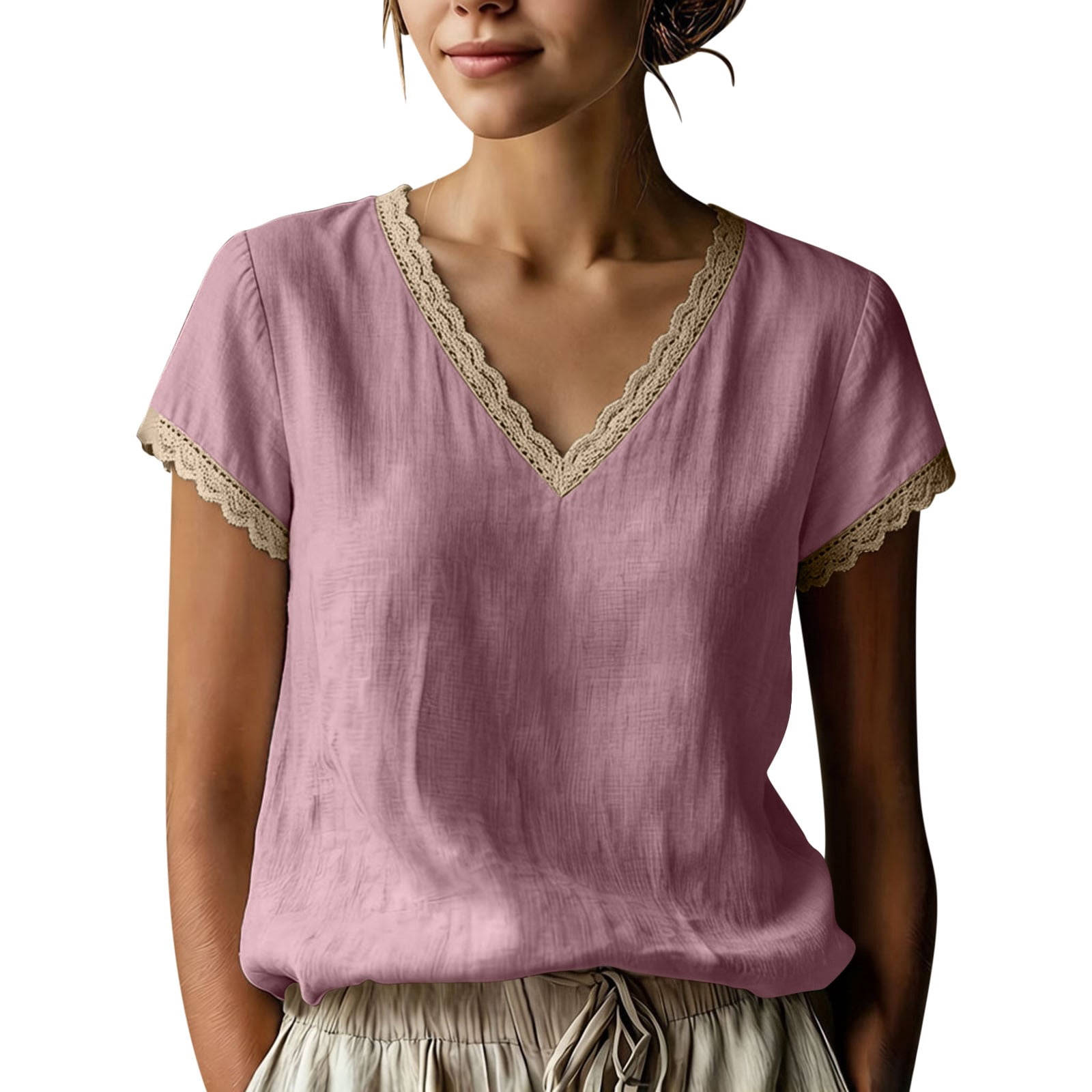 Annhoo Cotton Lace-Trim Neck Top for Women Soft Comfy Short Sleeve V ...